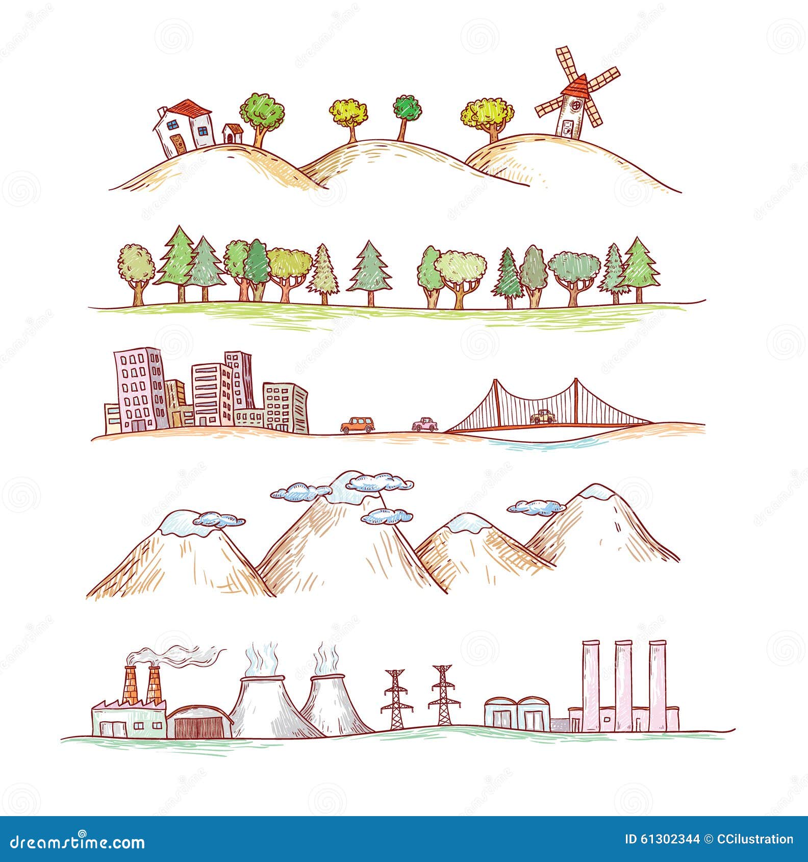Vector Illustration of Landscapes. Doodles Hand-drawn Style. Stock ...