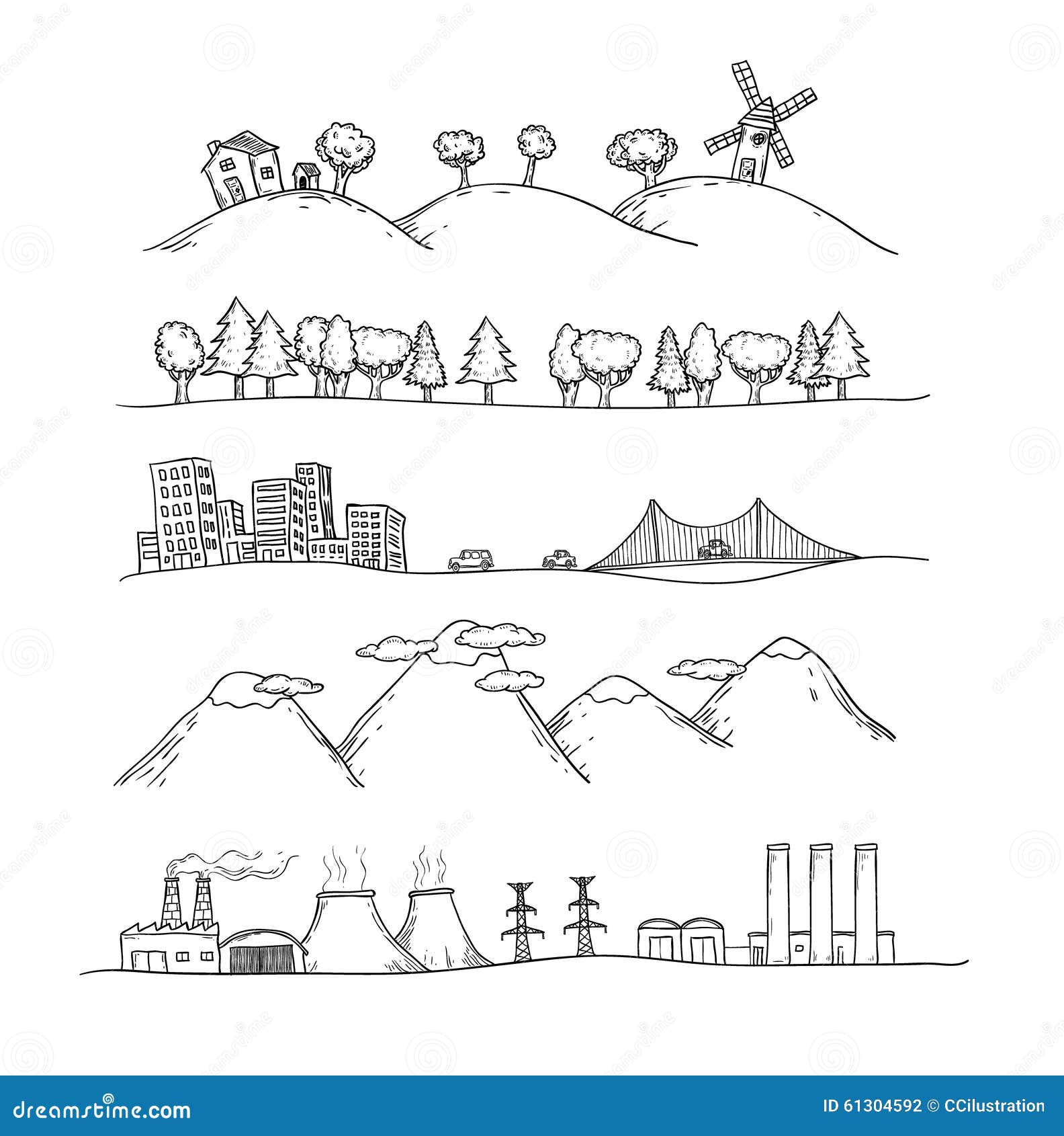 Vector Illustration of Landscapes. Doodles Hand-drawn Style. Stock ...