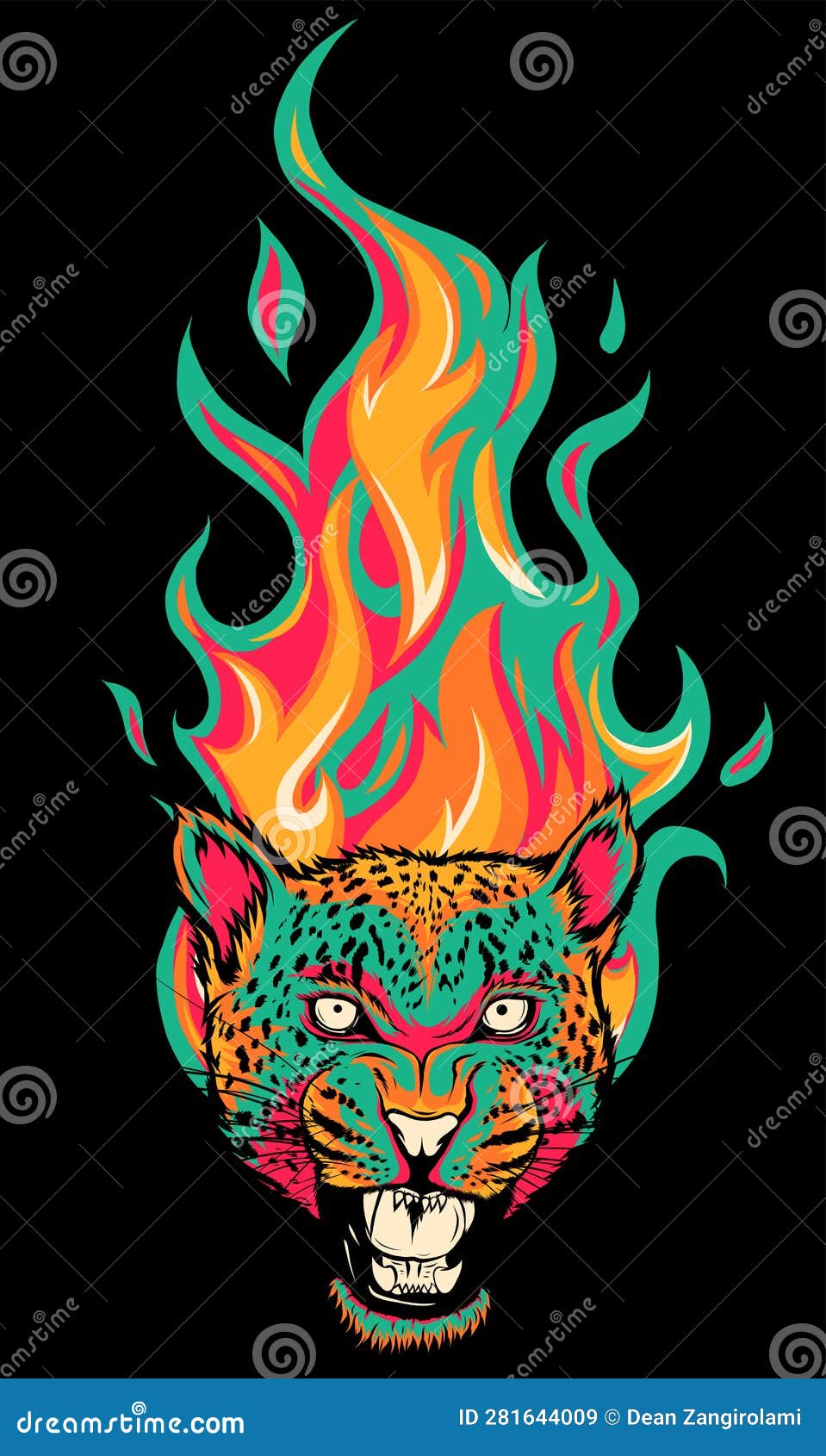 Vector Illustration of Leopard Head with Fire on Black Background Stock ...