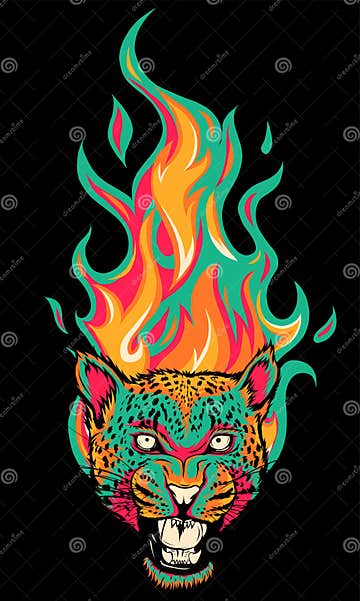 Vector Illustration of Leopard Head with Fire on Black Background Stock ...