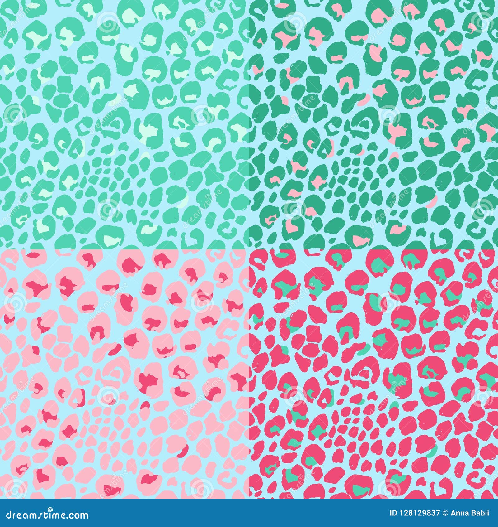 Vector Illustration Leopard Print Seamless Pattern. Pink and Mint Hand ...