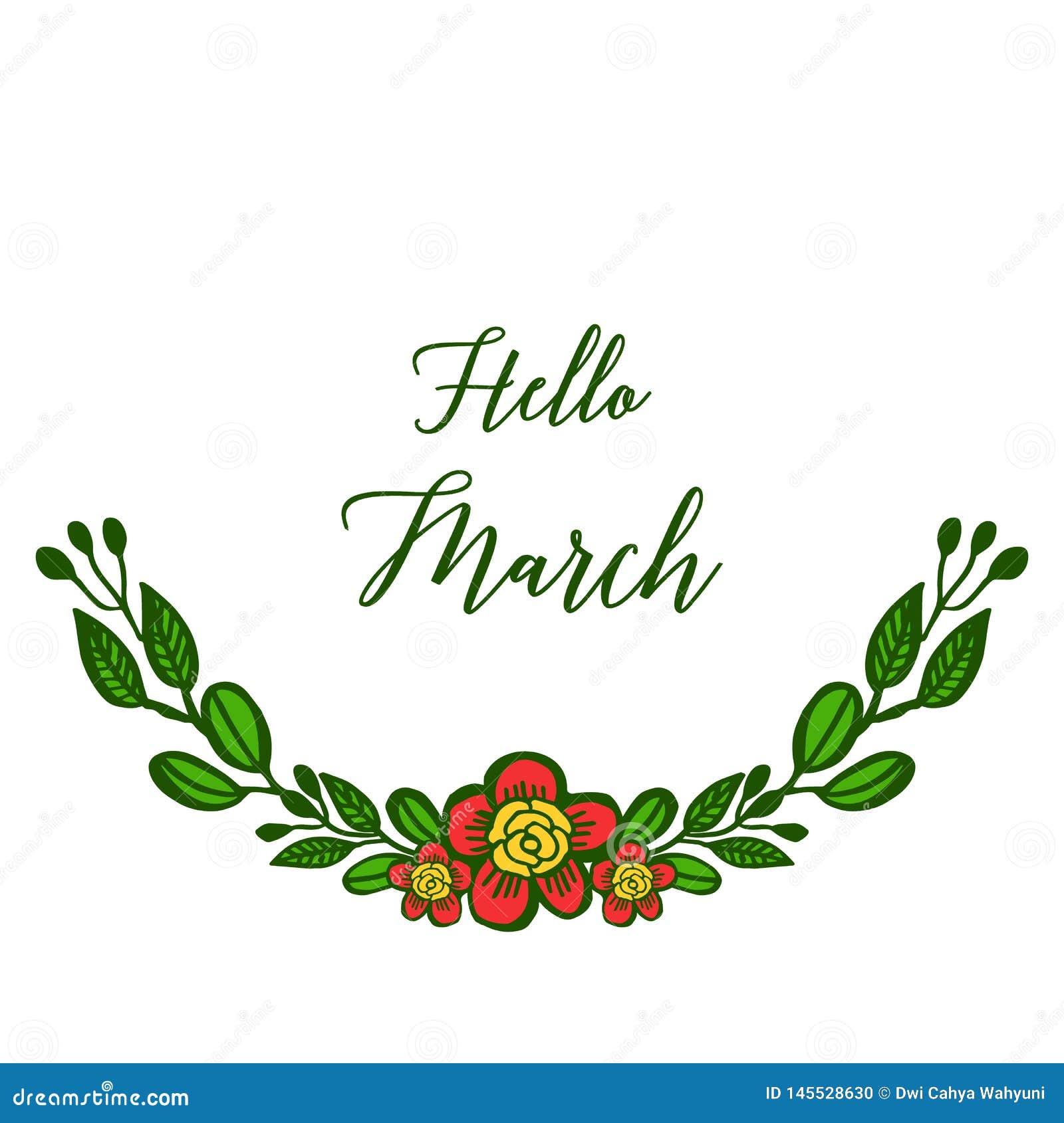 Vector Illustration Lettering Hello March with Beautiful Flower Frame ...