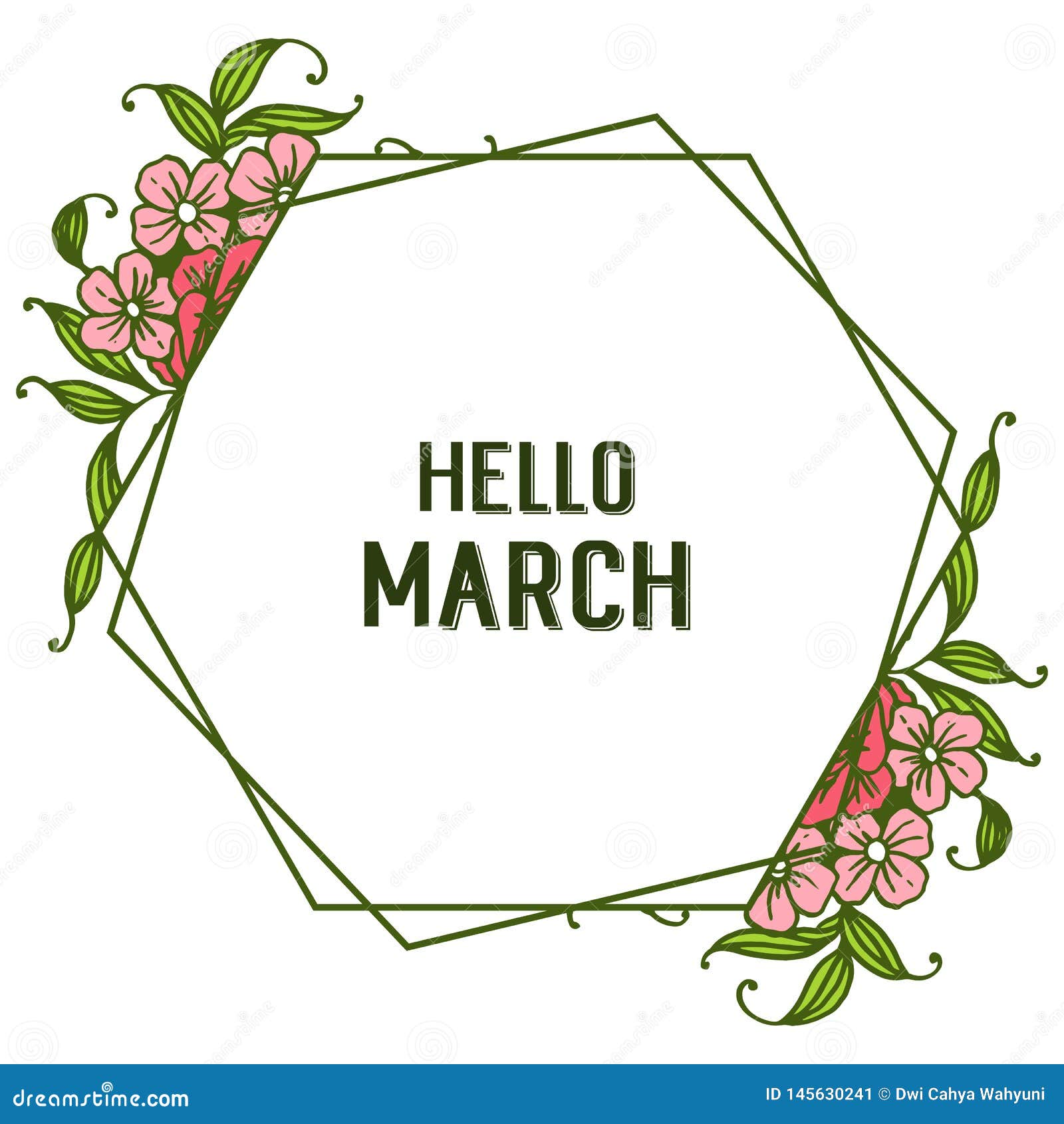Vector Illustration Lettering Hello March with Leaf Flower Frame Stock ...