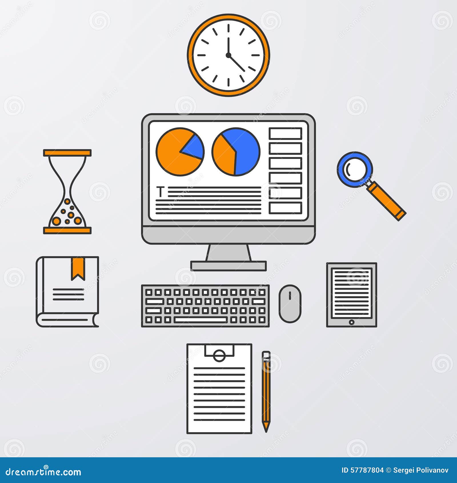 Vector Illustration of a Linear Design Computer, Clock, Tablet Stock ...