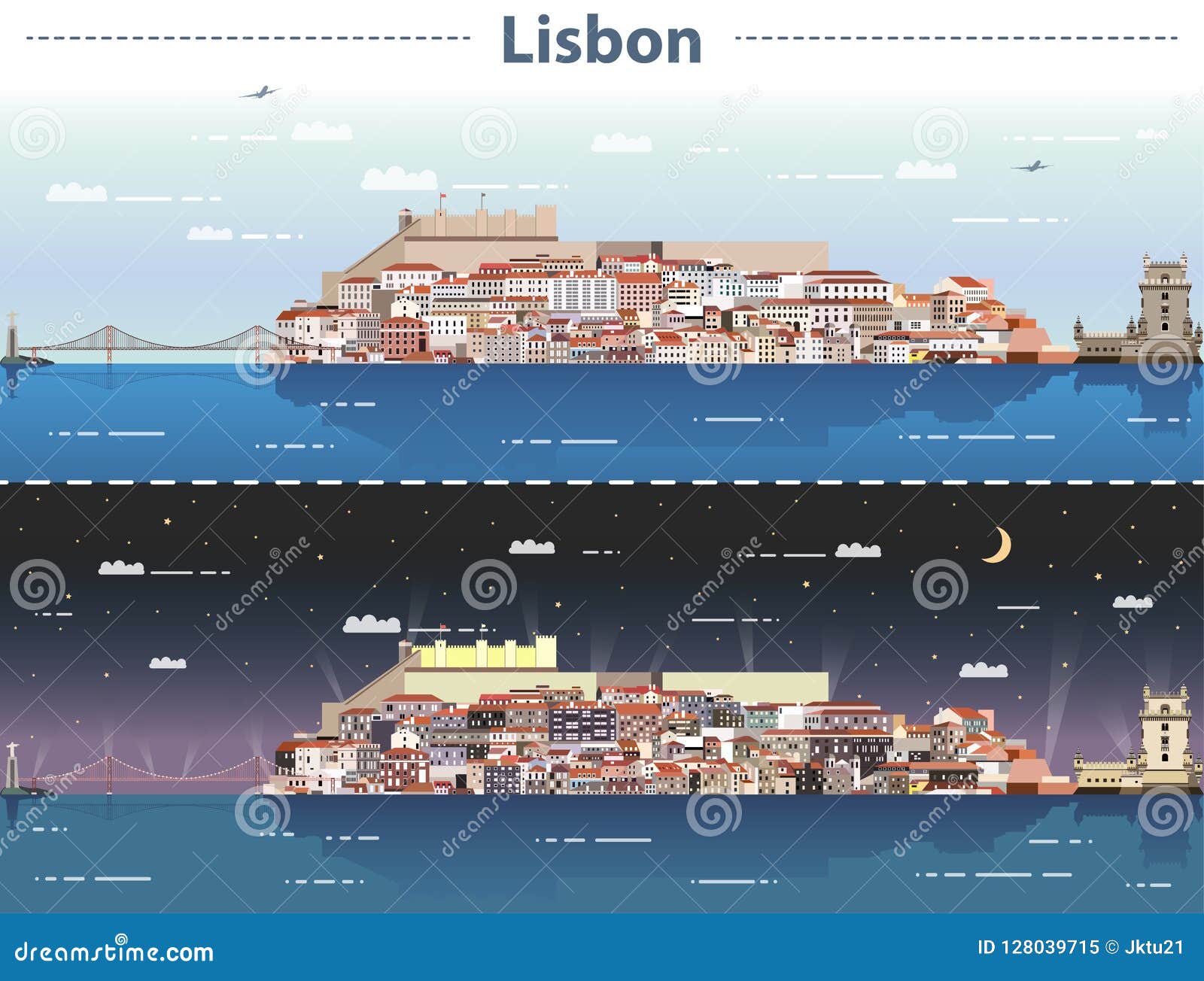 Vector Illustration of Lisbon City Skyline at Day and Night Stock ...