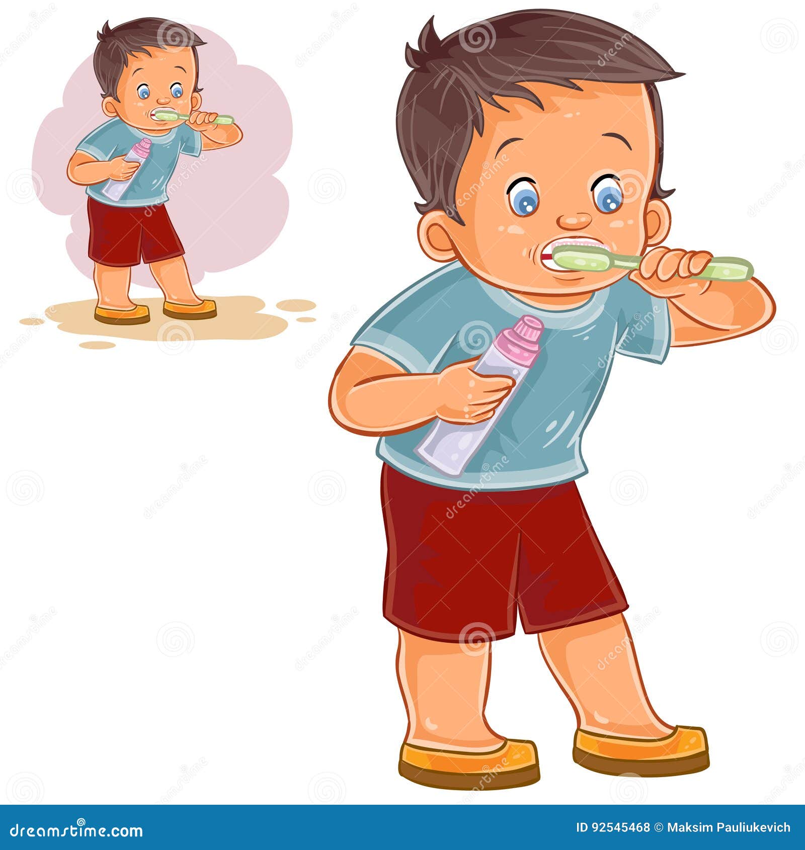 Vector Illustration of a Little Boy Brushing His Teeth with Toothpaste ...