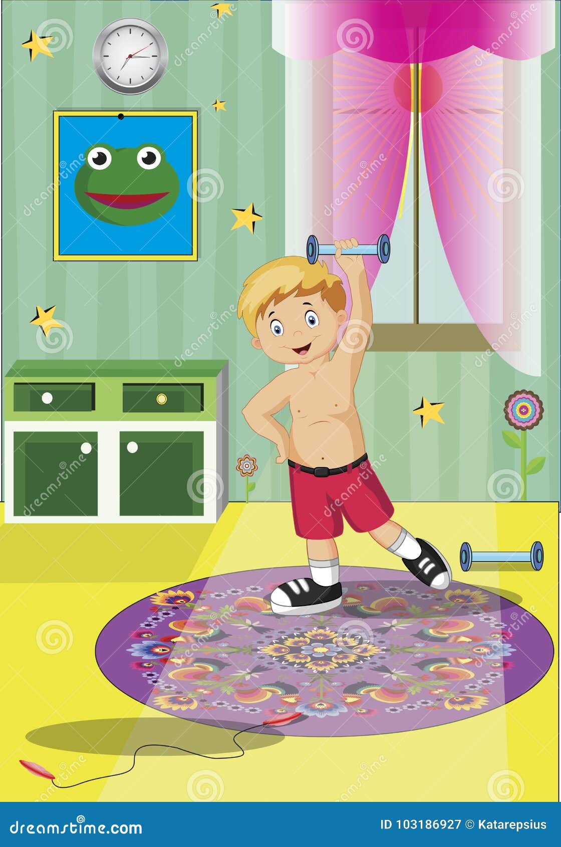 Vector Illustration of a Little Boy Doing Morning Exercise with ...