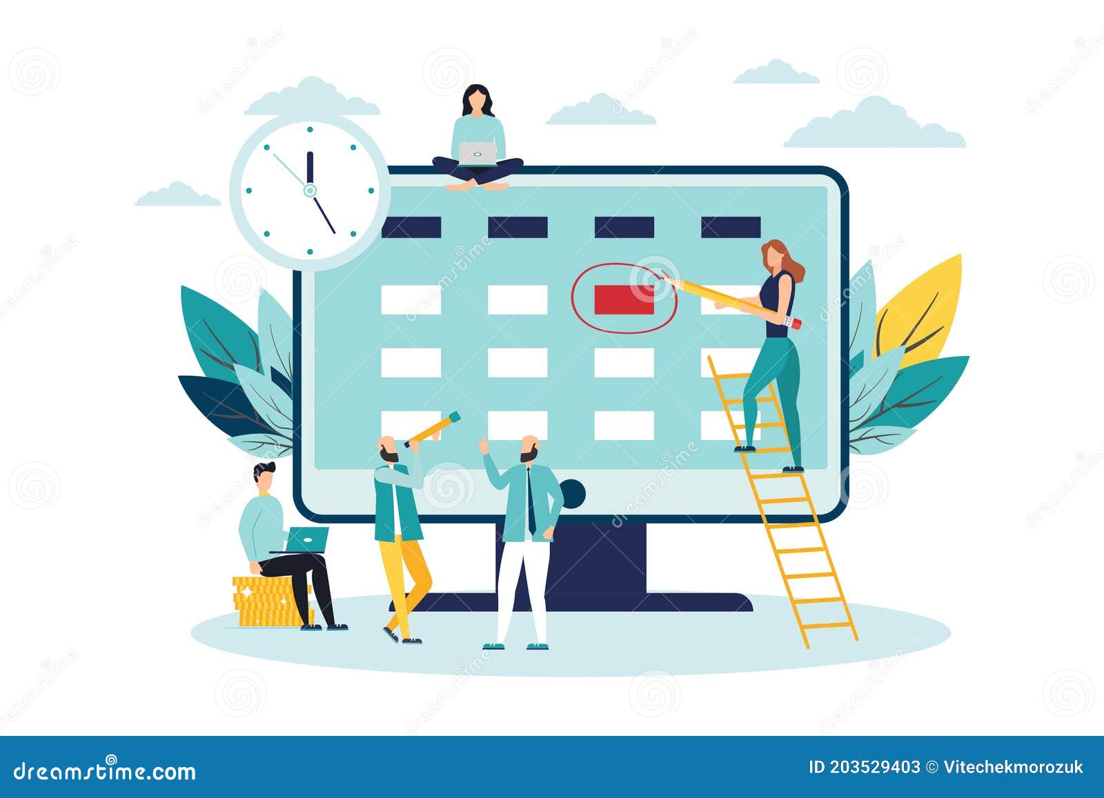 Vector Illustration. Little People Characters Make an Online Schedule ...