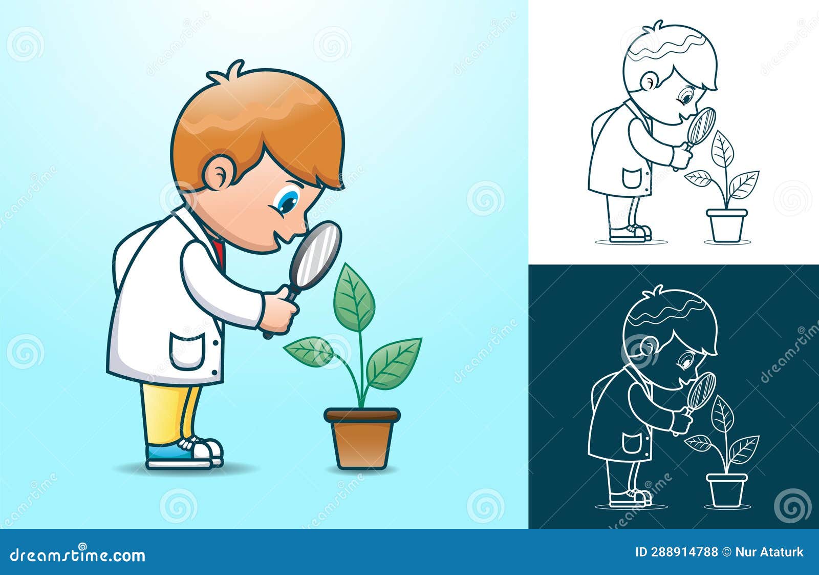 Vector Illustration of Little Scientist Cartoon Examines Leaf of Tree ...