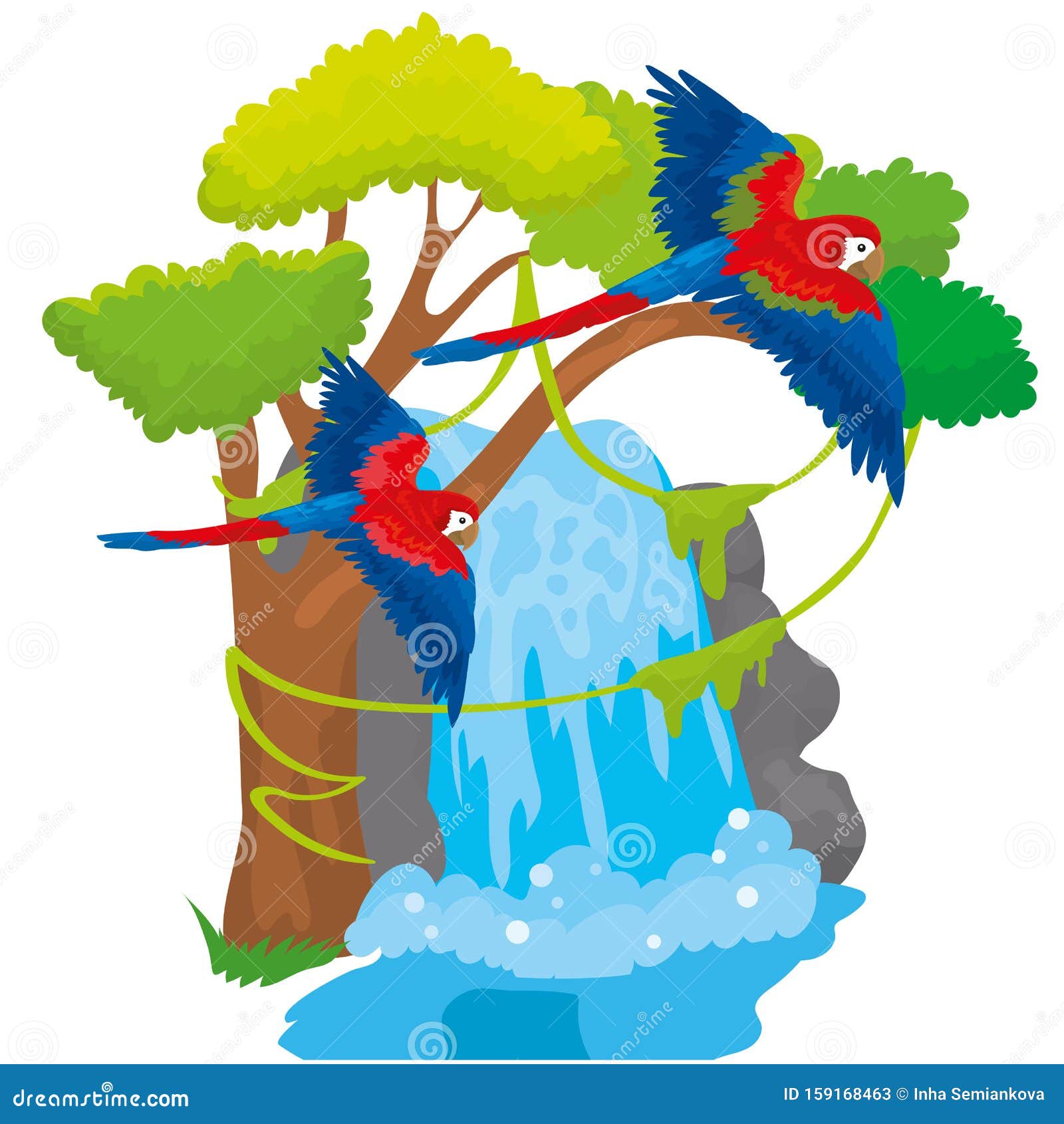 Vector Illustration Macaw Parrots Fly Over Waterfall Stock Vector ...