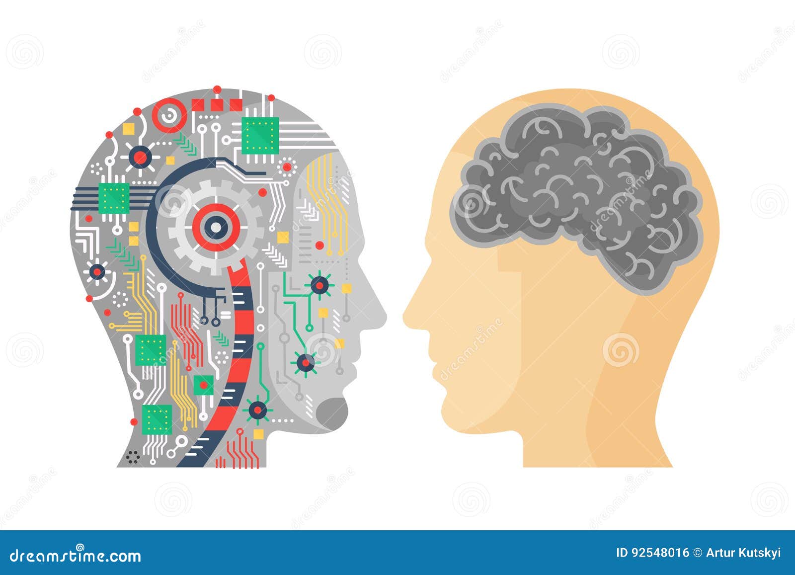 Vector Illustration of Machinery Head of Cyborg and the Human One with ...