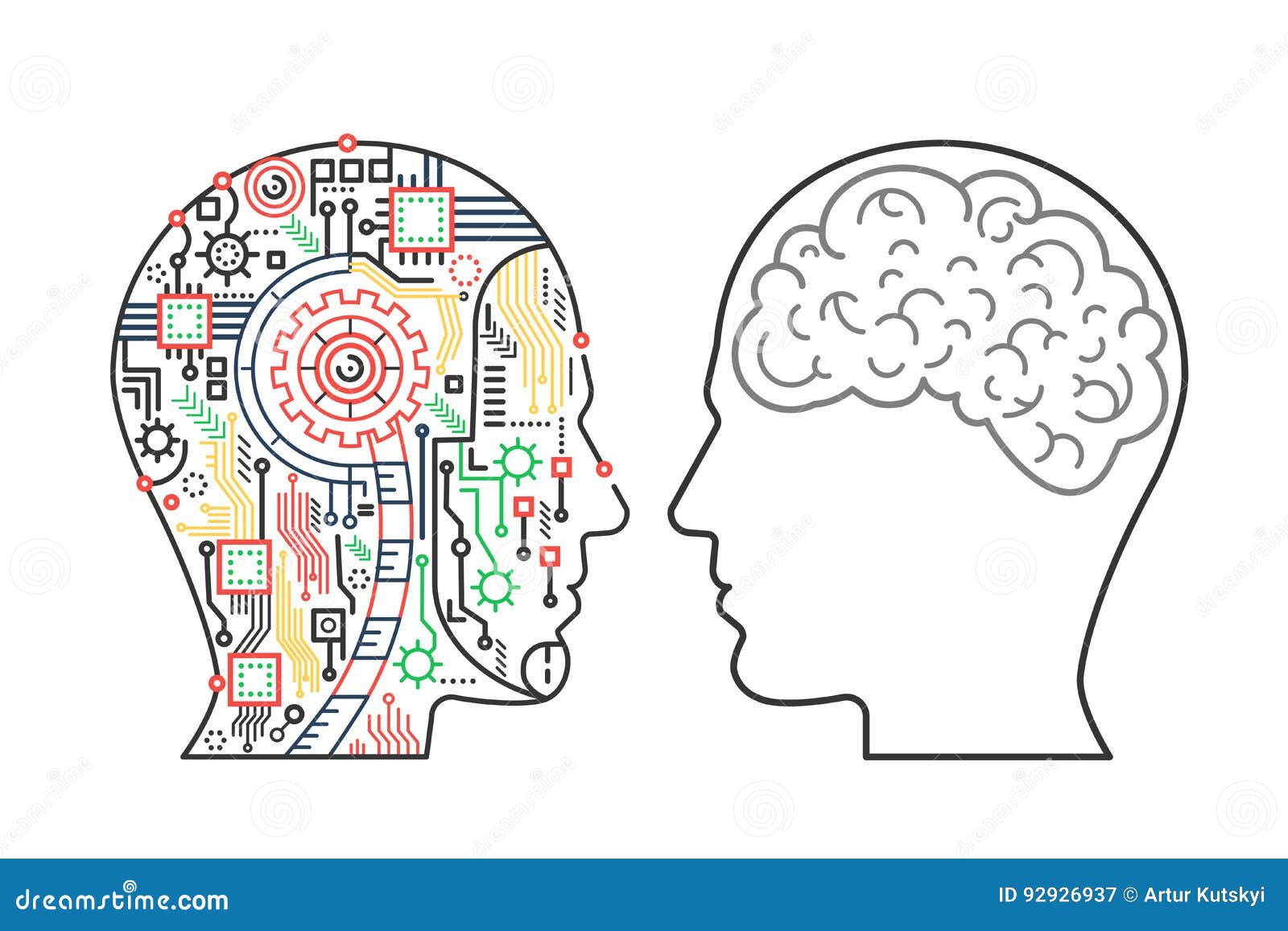 Vector Illustration of Machinery Head of Cyborg and the Human One with ...