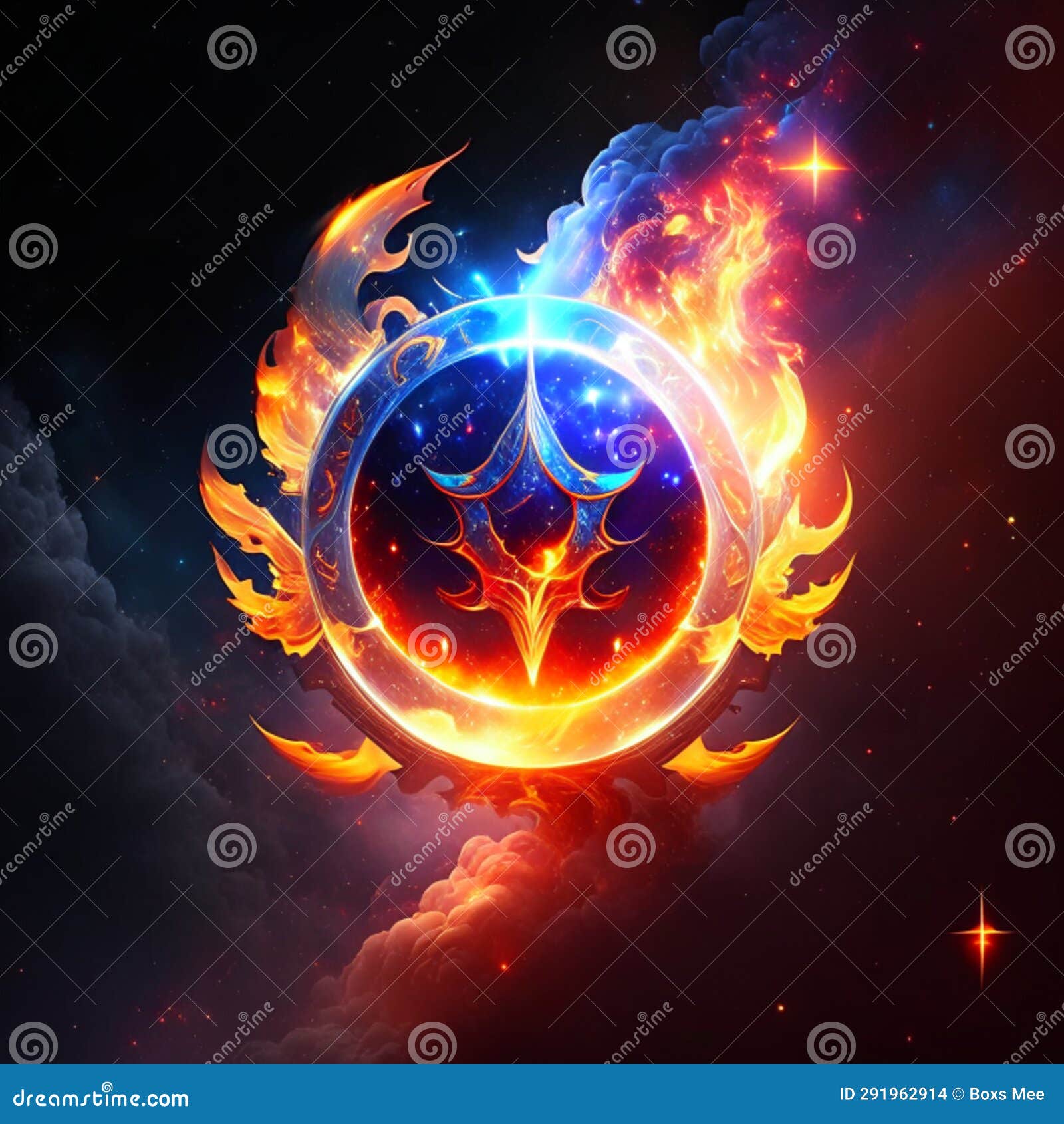 Vector Illustration of Magic Fire Ring on Dark Background with Stars ...
