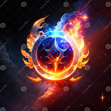Vector Illustration of Magic Fire Ring on Dark Background with Stars ...