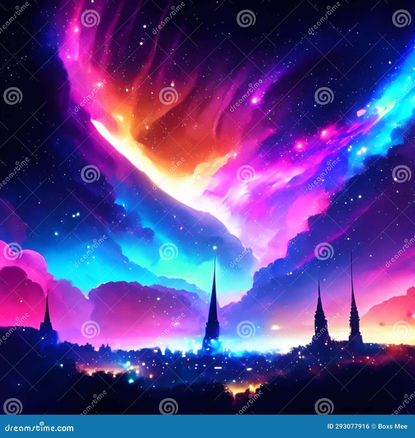 Vector Illustration of a Magic Sky with Stars, Clouds and Ancient ...