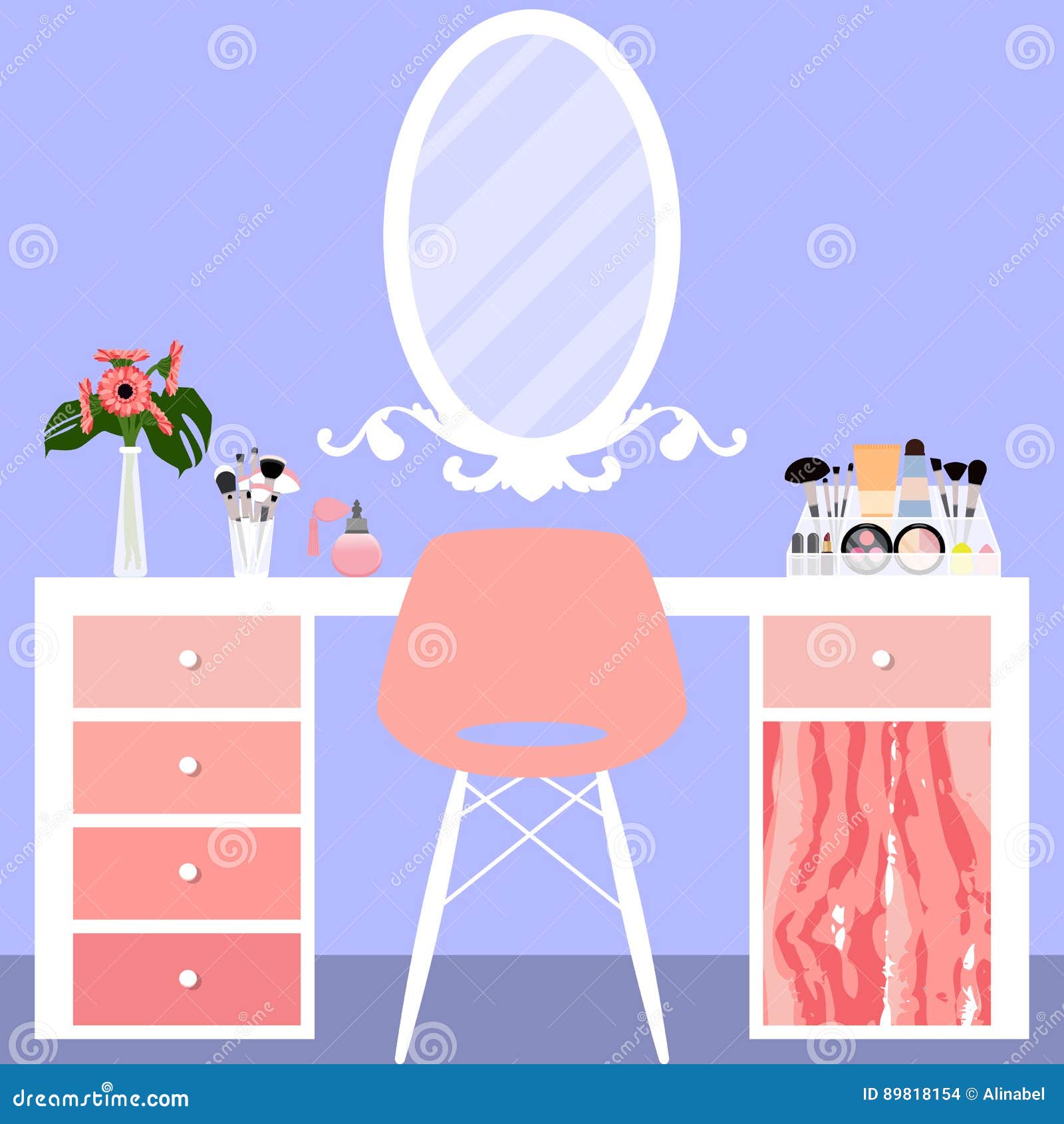 Vector Illustration with Make-up Table, Chair, Mirror and Cosmetics ...