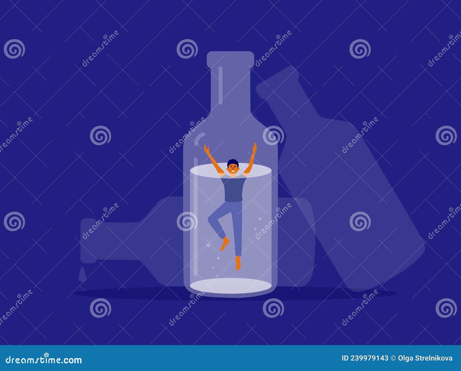 Vector Illustration of Male Alcoholism with Afraid Man Drowning in ...