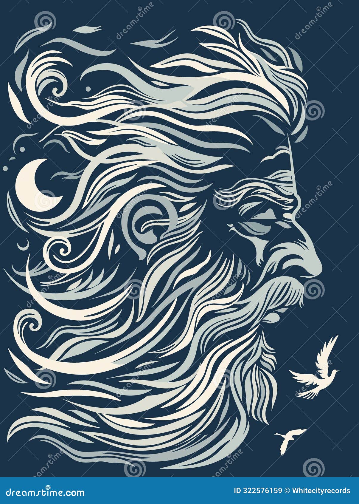 Vector Illustration of a Man with a Beard and a Bird on a Blue ...