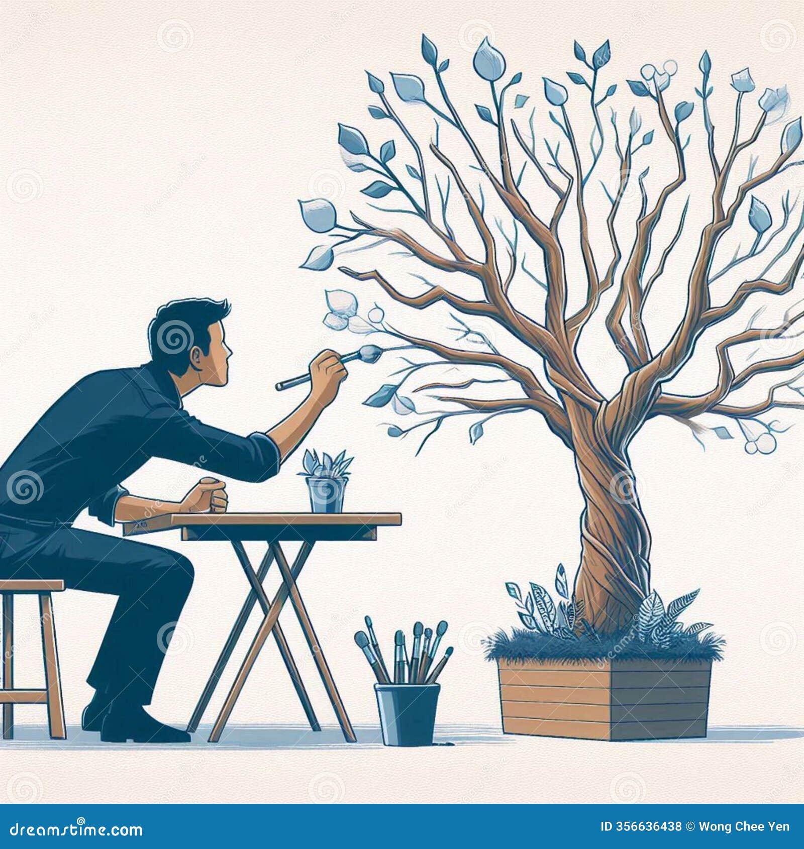 Vector Illustration of Man Drawing the Leaves and Branches of Tree on ...