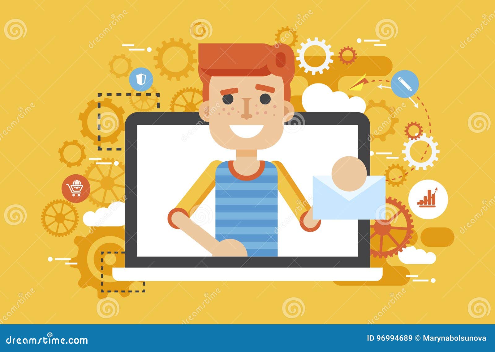 Vector Illustration Man Laptop Notebook Delivery Receive of Letter ...