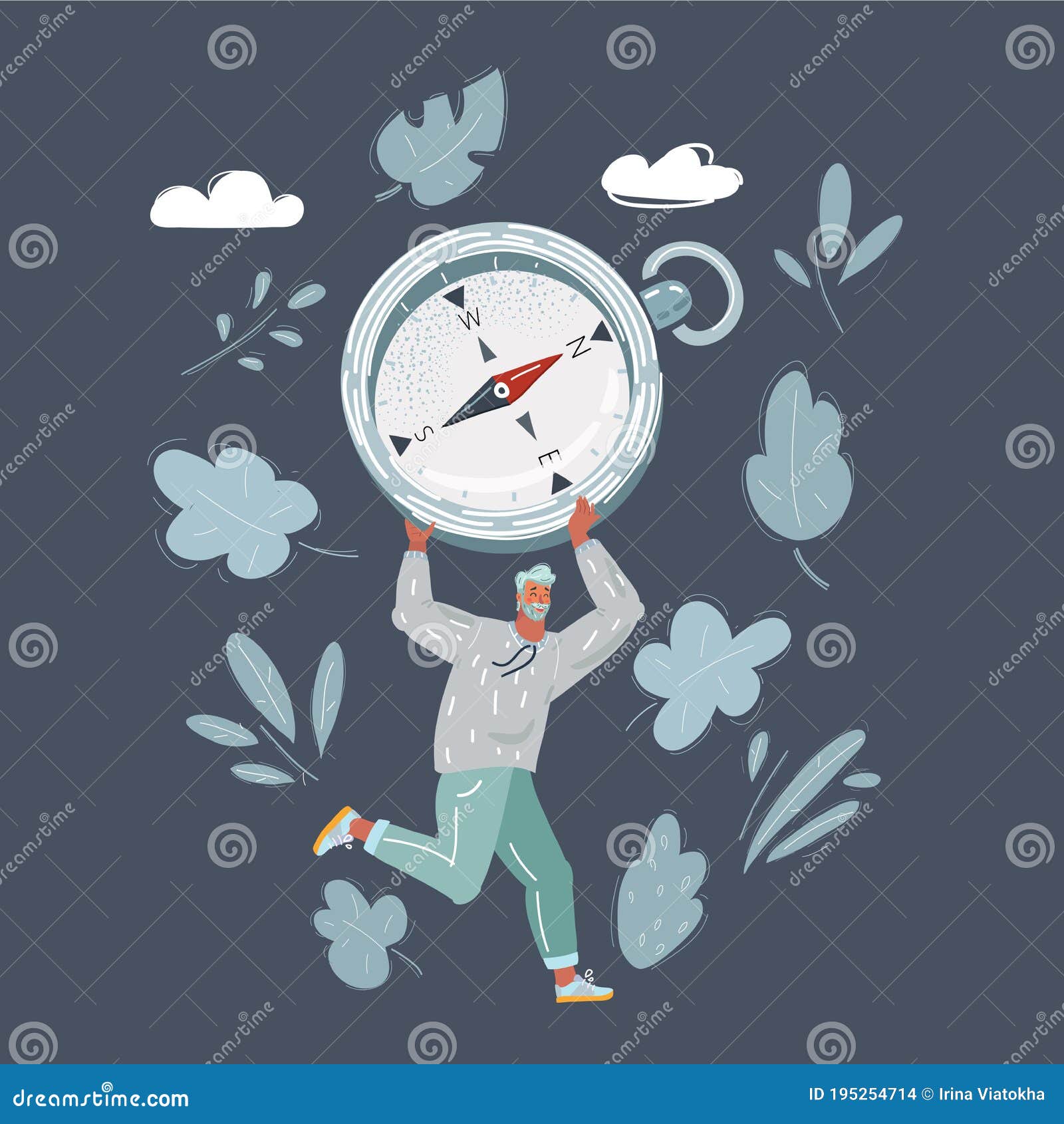 Vector Illustration of Man Navigating Using a Compass on Dak Backround ...