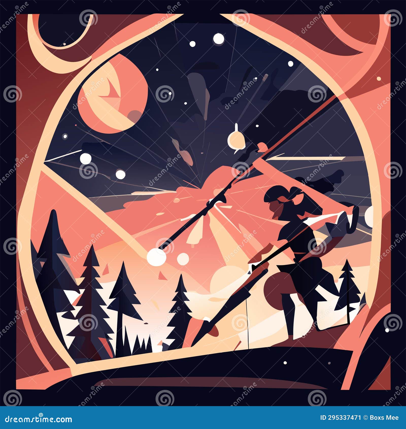 Vector Illustration of a Man Playing Archery at Night in the Forest ...