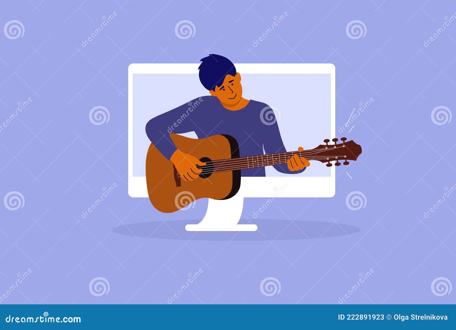 Vector Illustration of Man Playing Guitar Online from Computer Screen ...