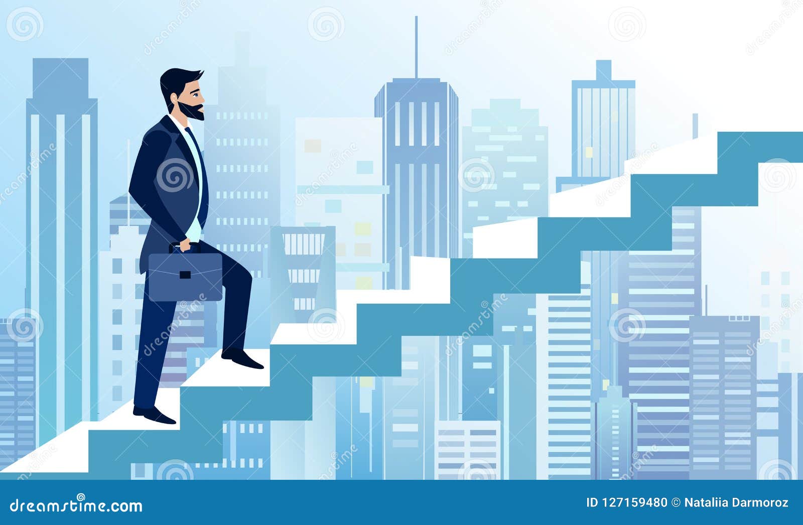 Vector Illustration of Man Rises in Business Steps To Succeed on Big ... Vector Illustration of Man Rises in Business Steps To Succeed on Big ...