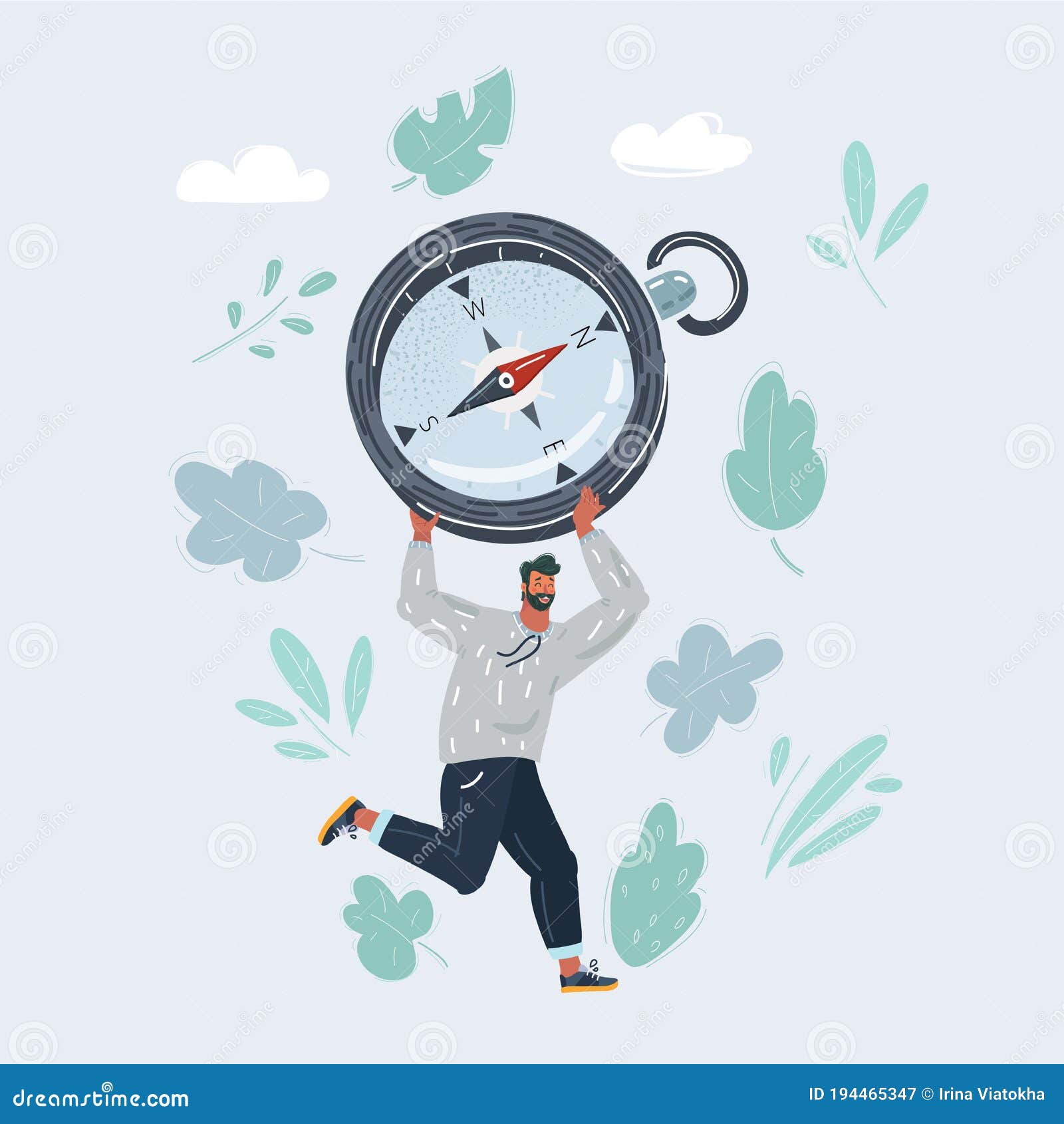 Vector Illustration Of Man Runs In The Right Direction With Big Compass ...
