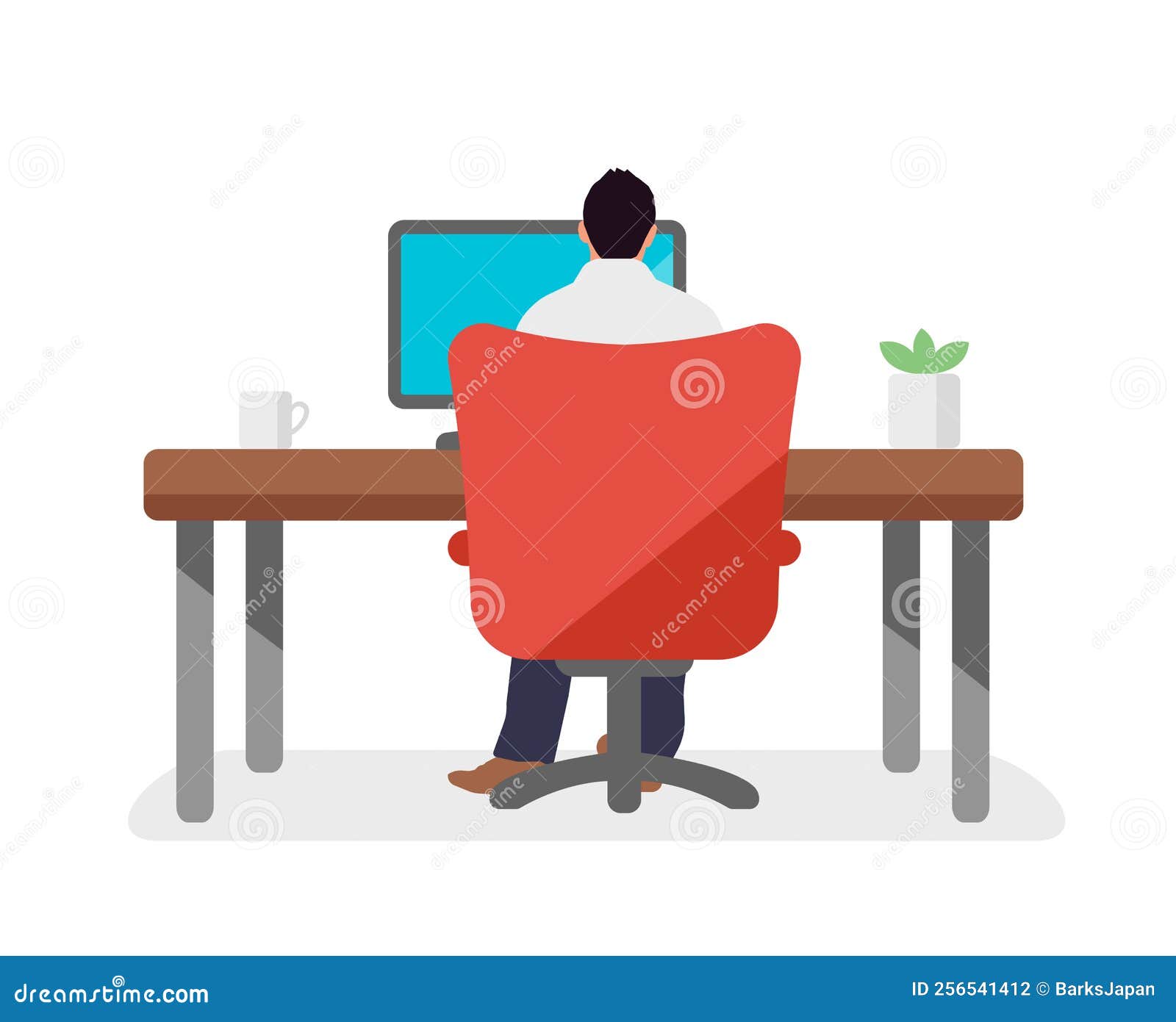Vector Illustration of a Man Sitting on a Chair and Working Back View ...