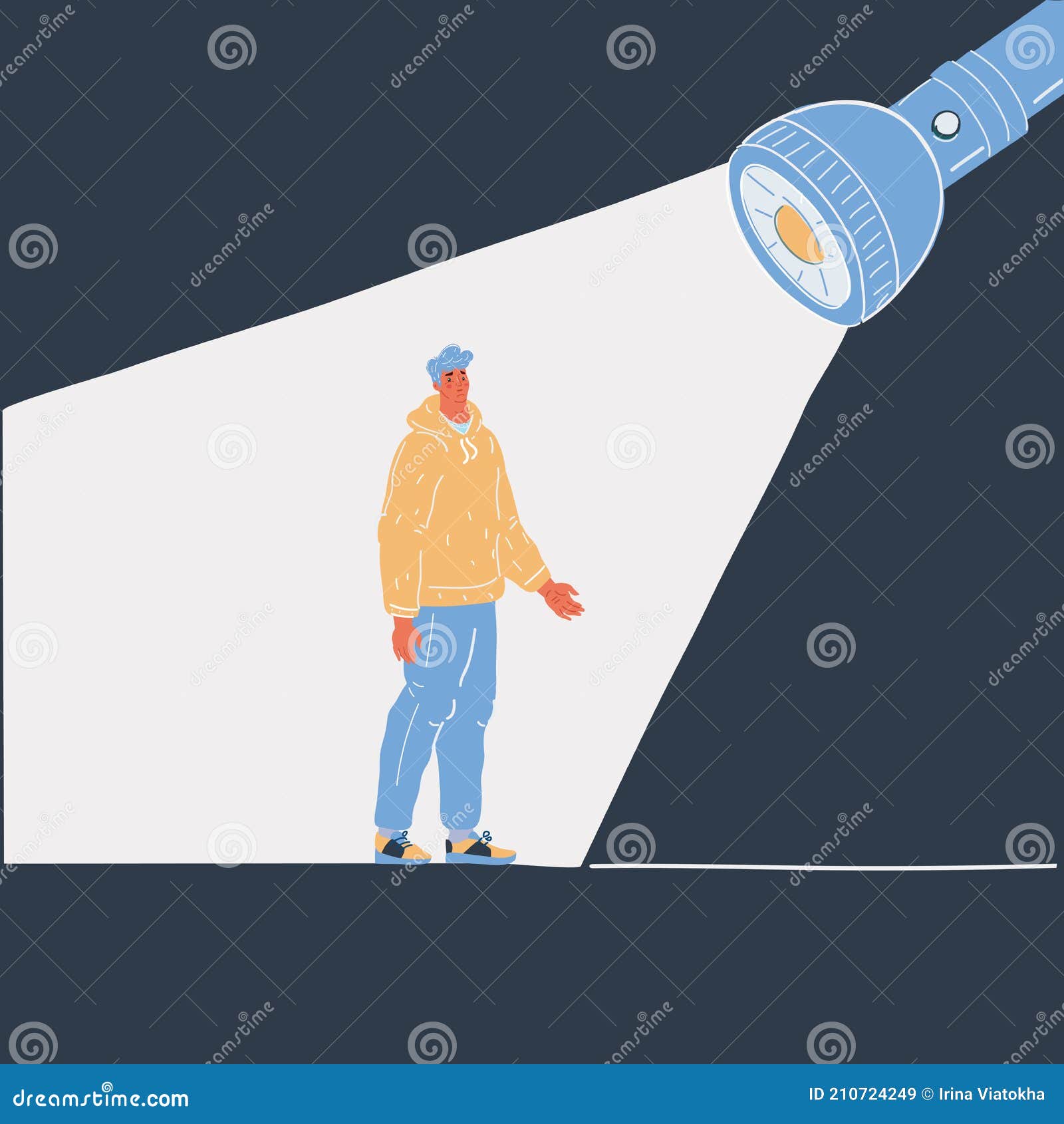 Vector Illustration of Man Stand Under Flashlight in Dark Stock Vector ...