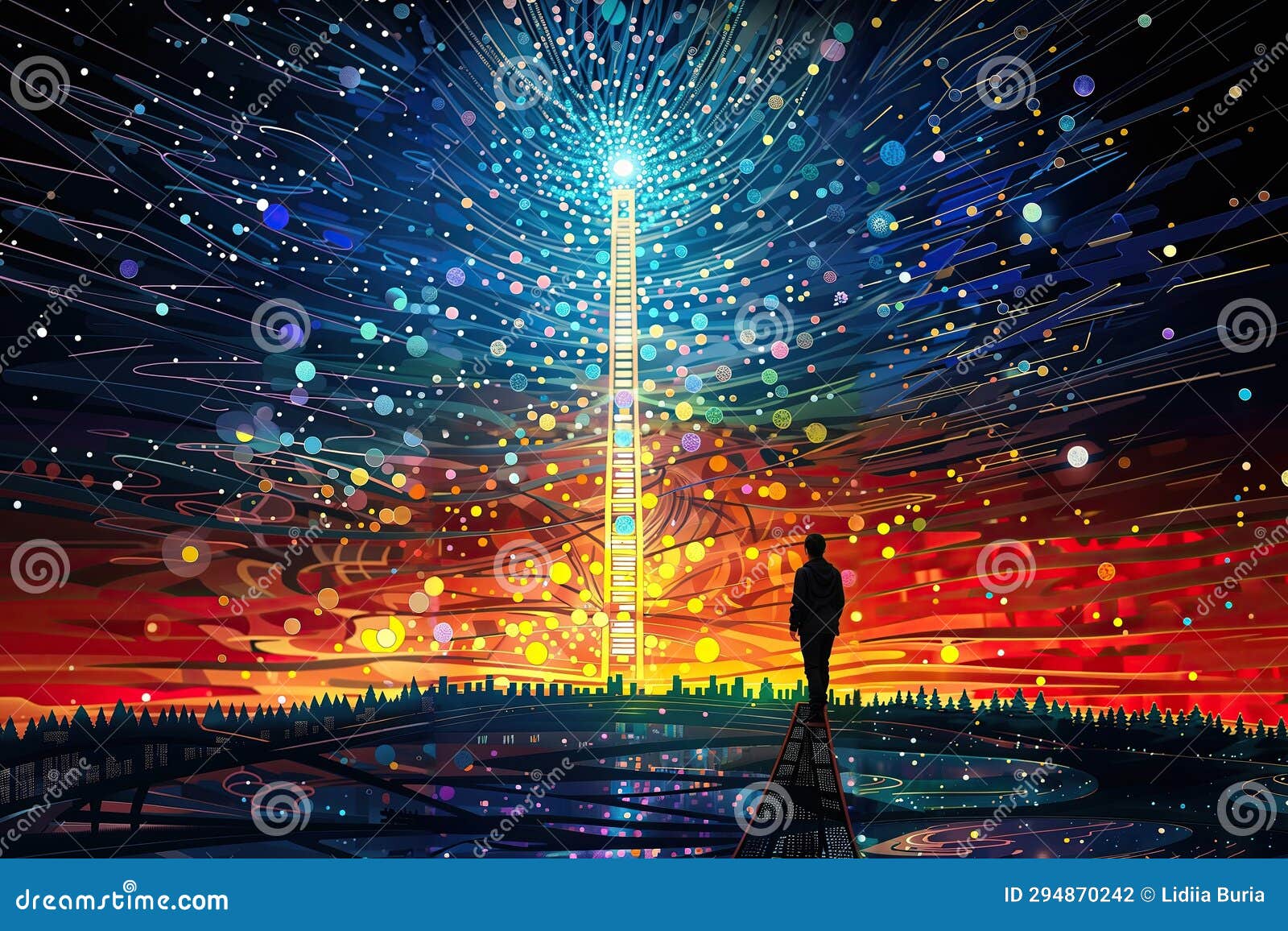 Vector Illustration of a Man Standing in Front of a Big High Tower ...