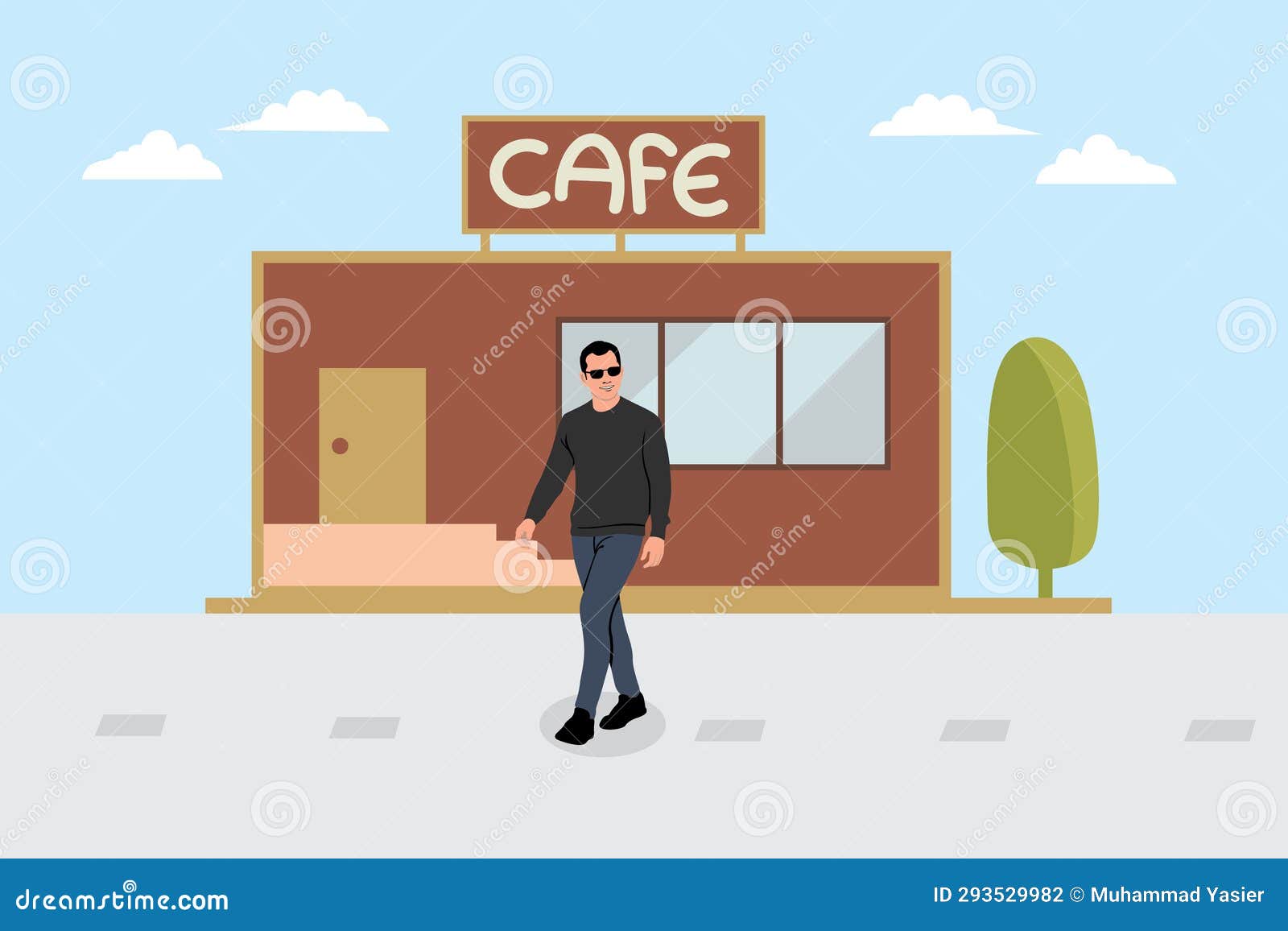 Vector Illustration of a Man Walking in Front of a Coffee Shop. Stock ...