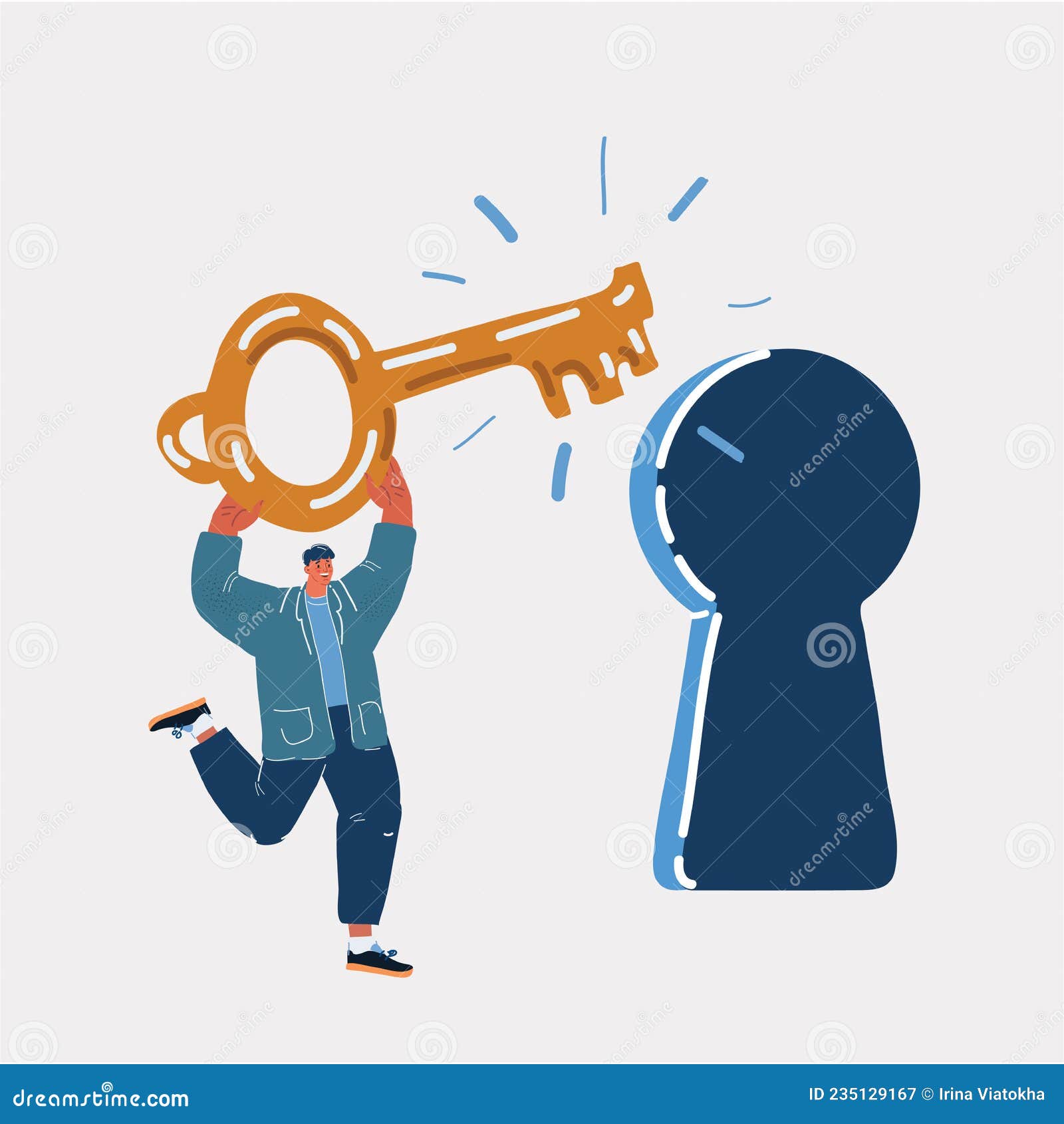 Vector Illustration of Man Wants To Put Key in the Keyhole. Solving the ...