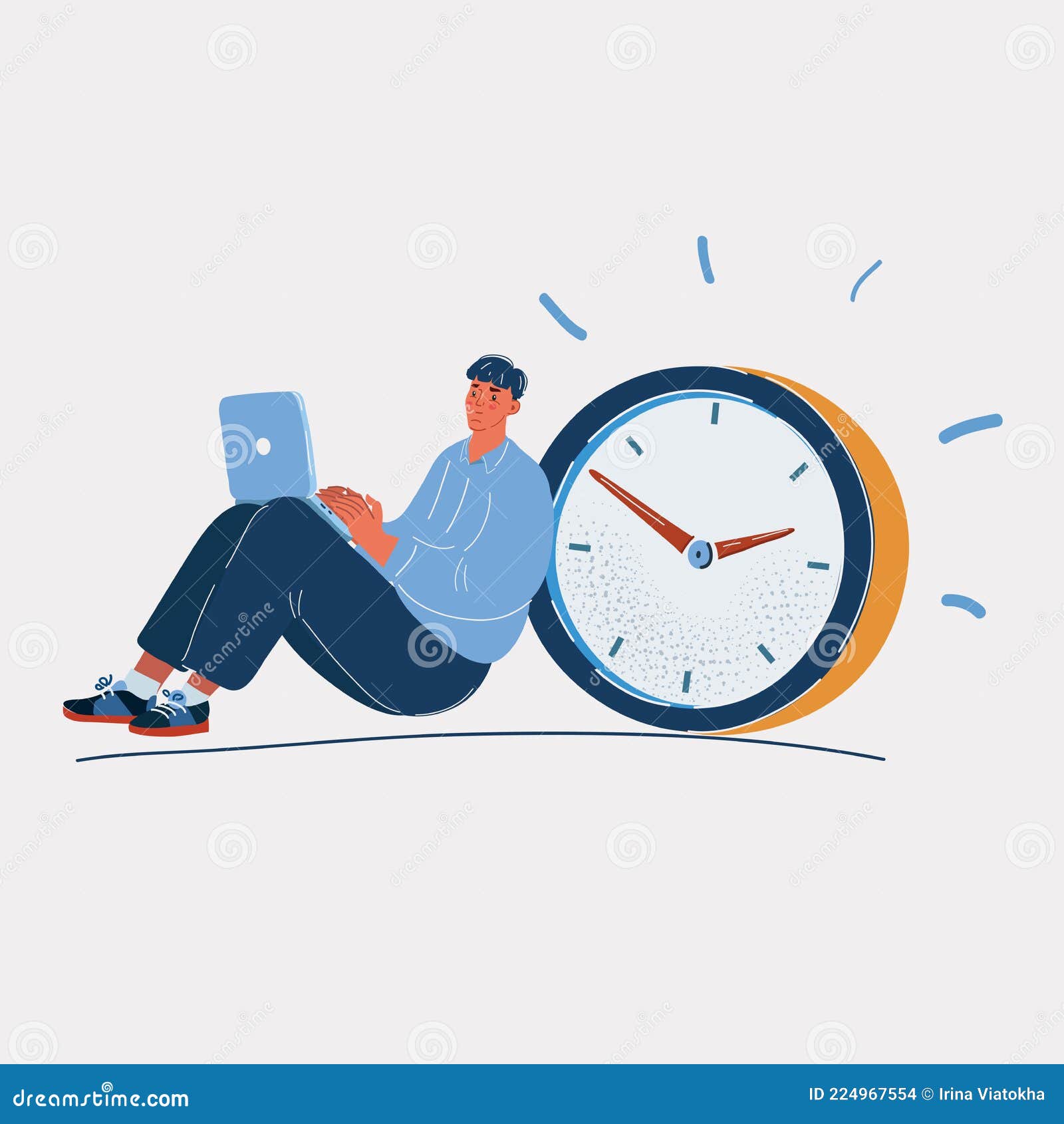 Vector Illustration of Man Working Work at Laptop, with a Clock Stock ...