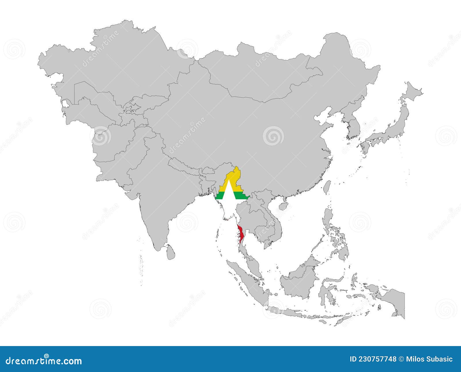 Map of Myanmar with National Flag on Gray Map of Asia Stock Vector ...