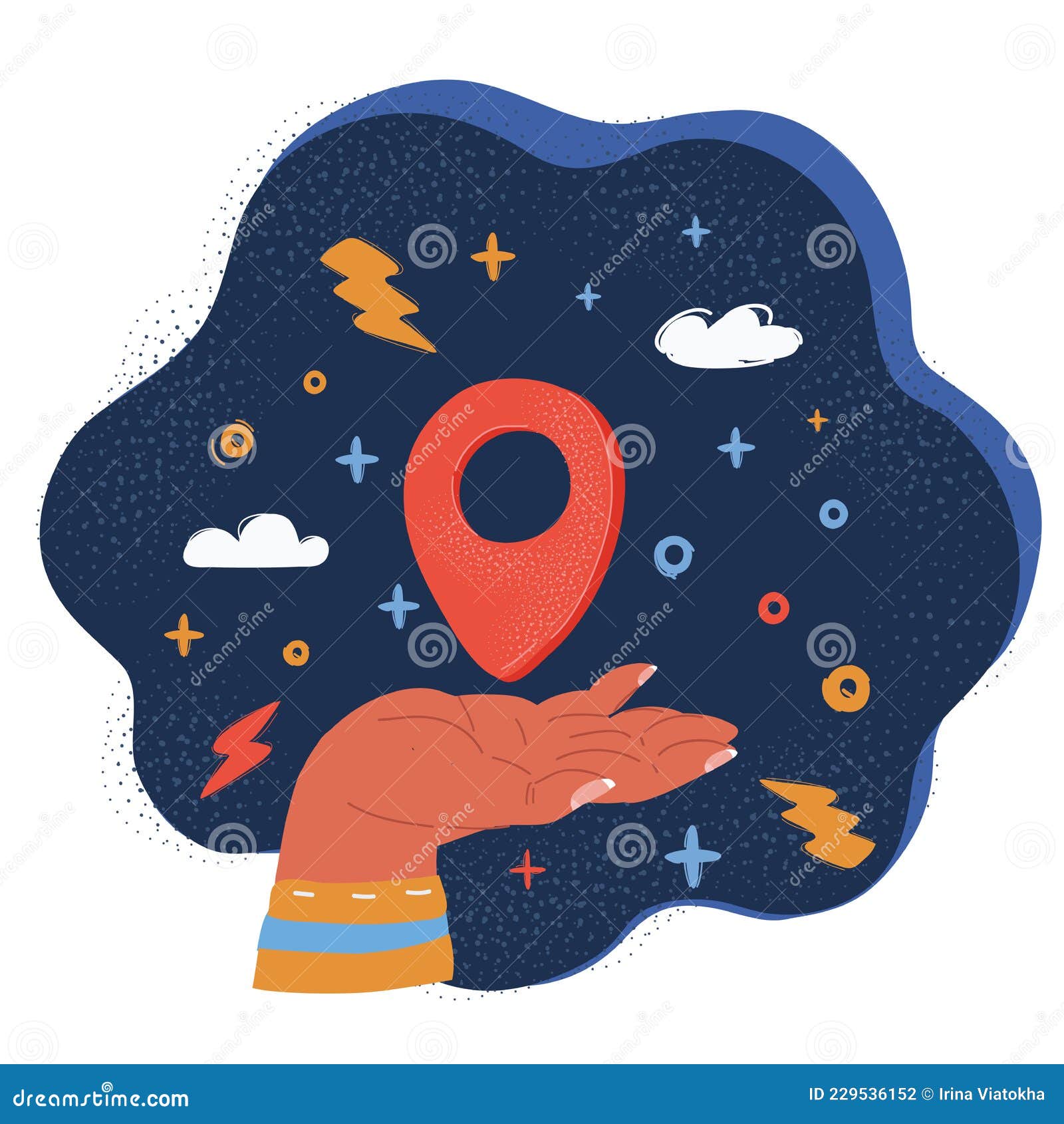 Vector Illustration of Map Pin on Human Hands Over Dark Backround ...