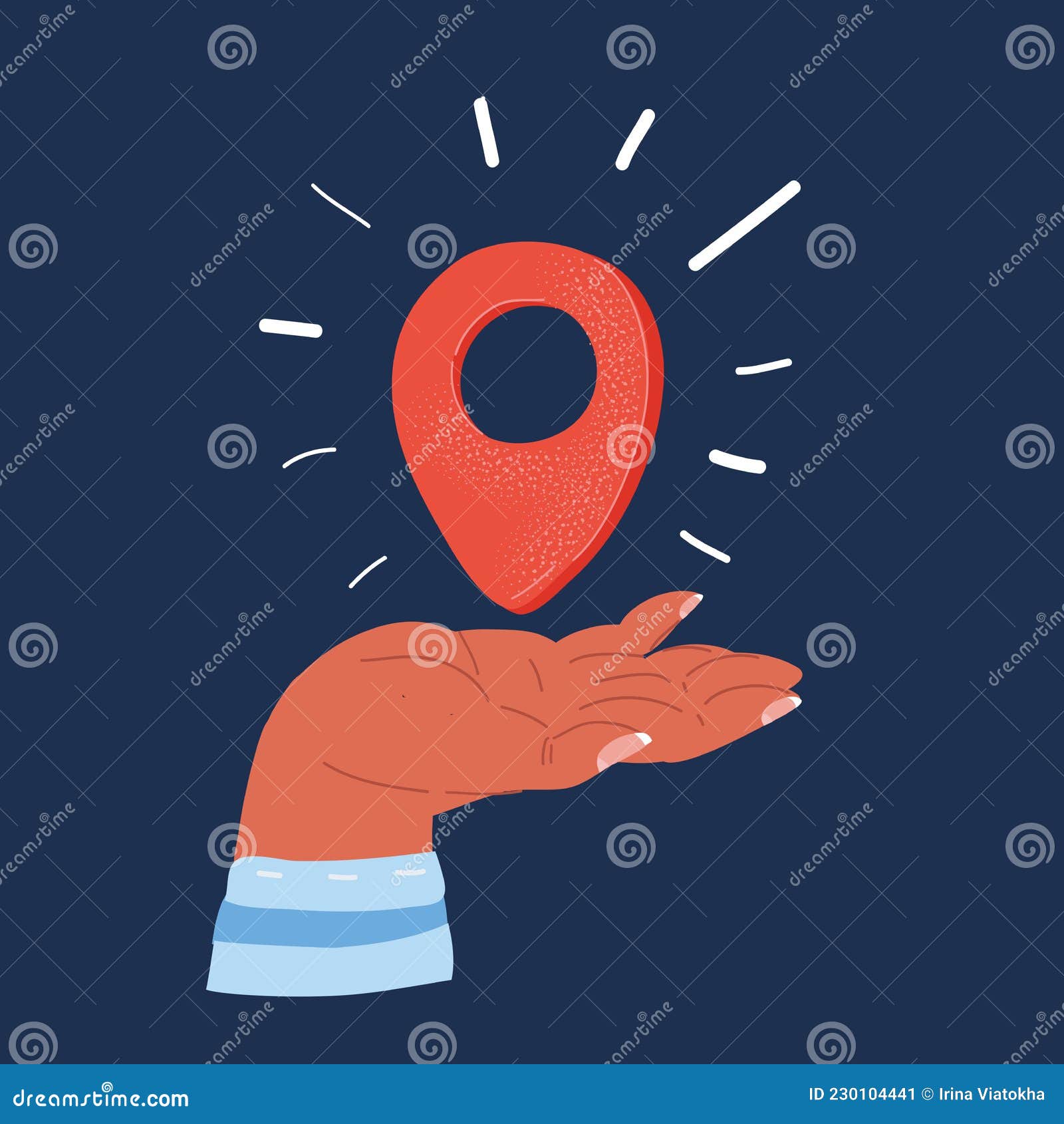 Vector Illustration of Map Pointer on Human Hand Over Dark Backround ...