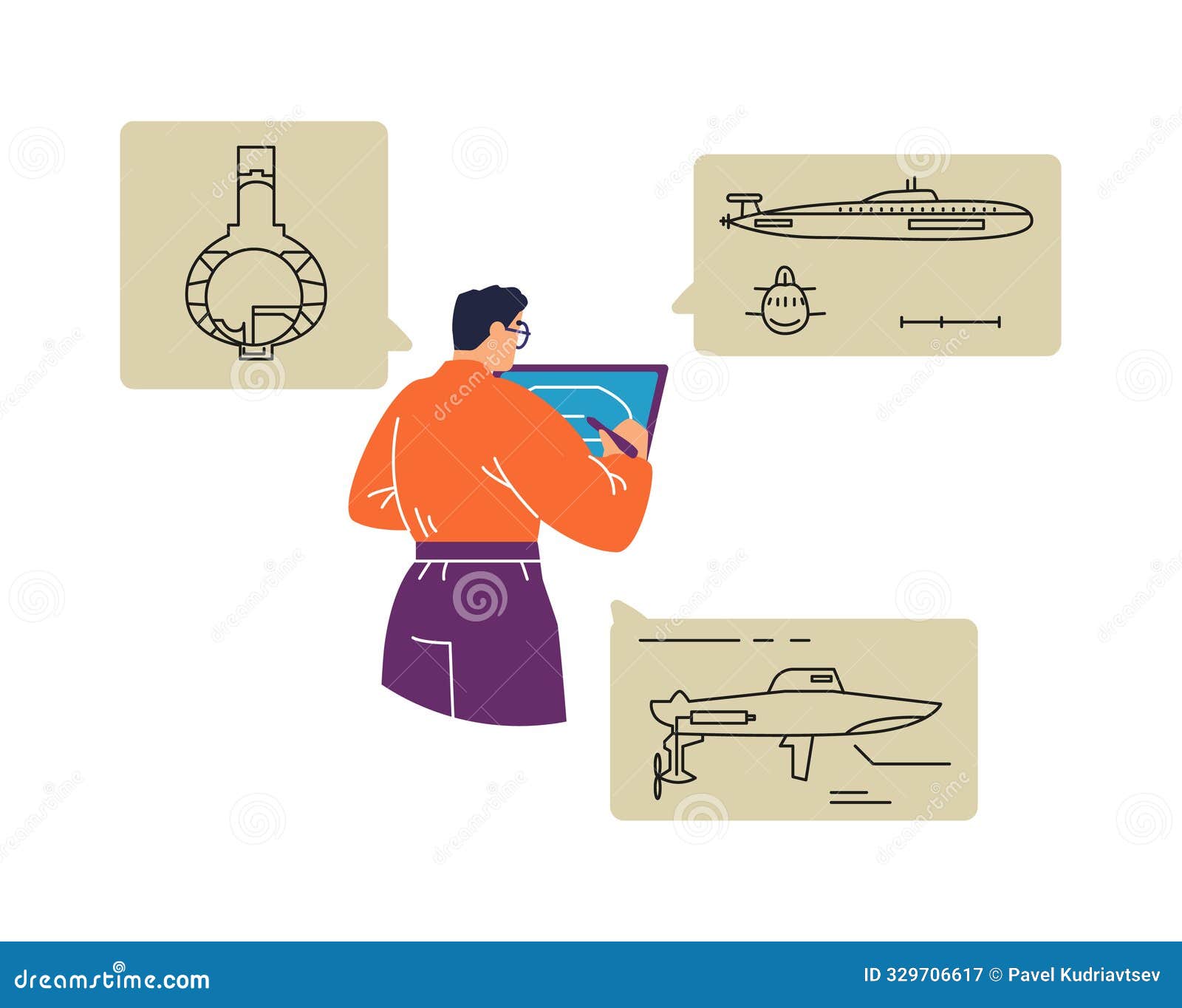 Vector Illustration with a Marine Engineer Who is Working on Drawings ...