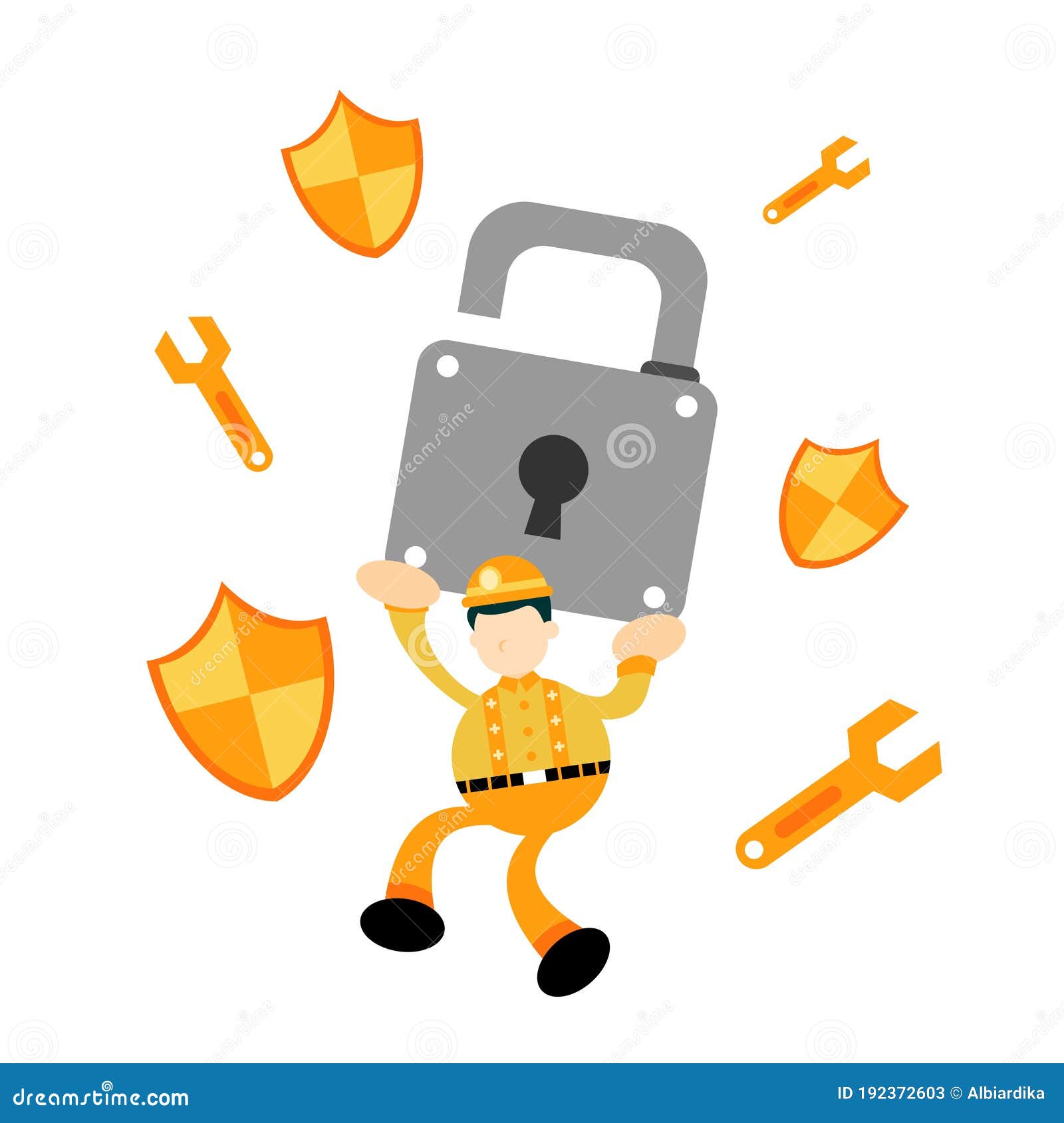 Engineer Worker Miner and Security Protection Padlock Cartoon Doodle ...
