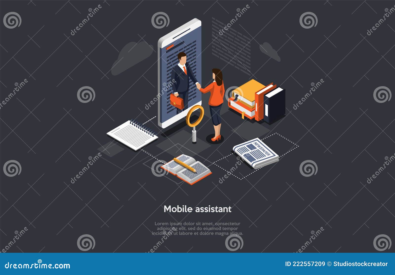 Vector Illustration on Mobile Assistant Concept. Isometric Composition ...