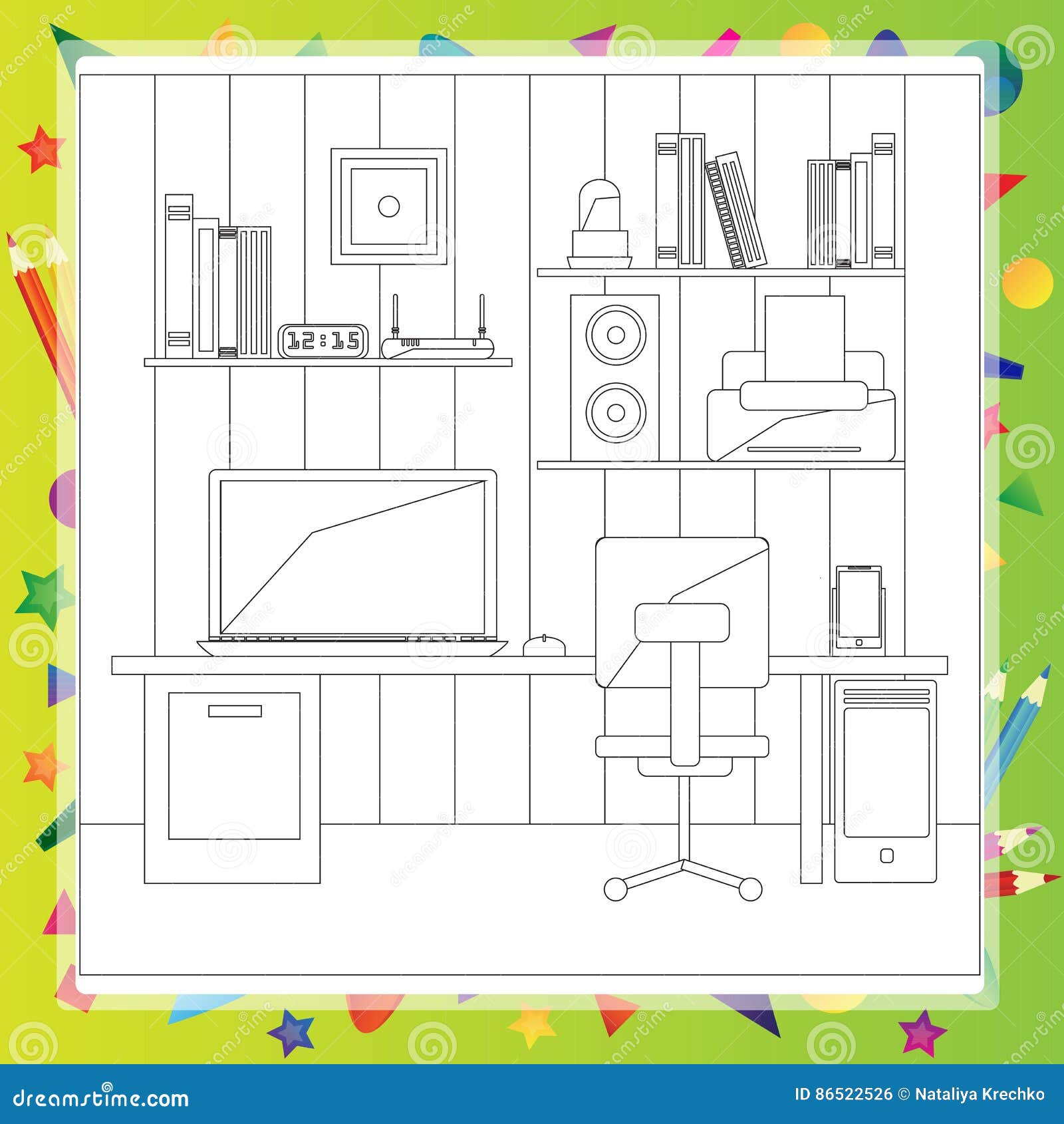 Vector Illustration of Modern Workplace - Coloring Book Stock Vector ...