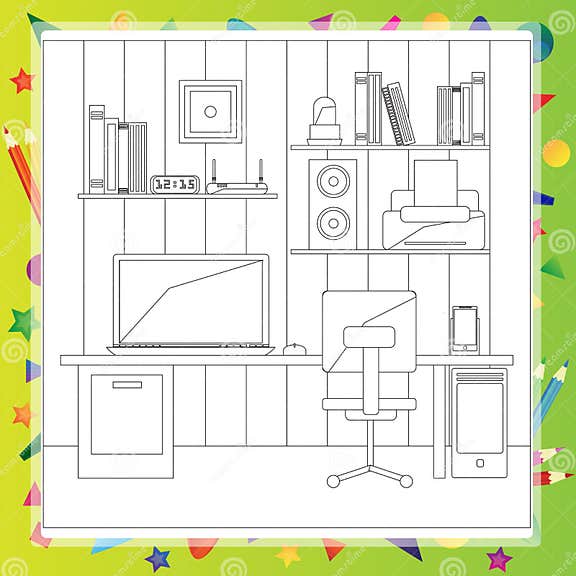 Vector Illustration of Modern Workplace - Coloring Book Stock Vector ...