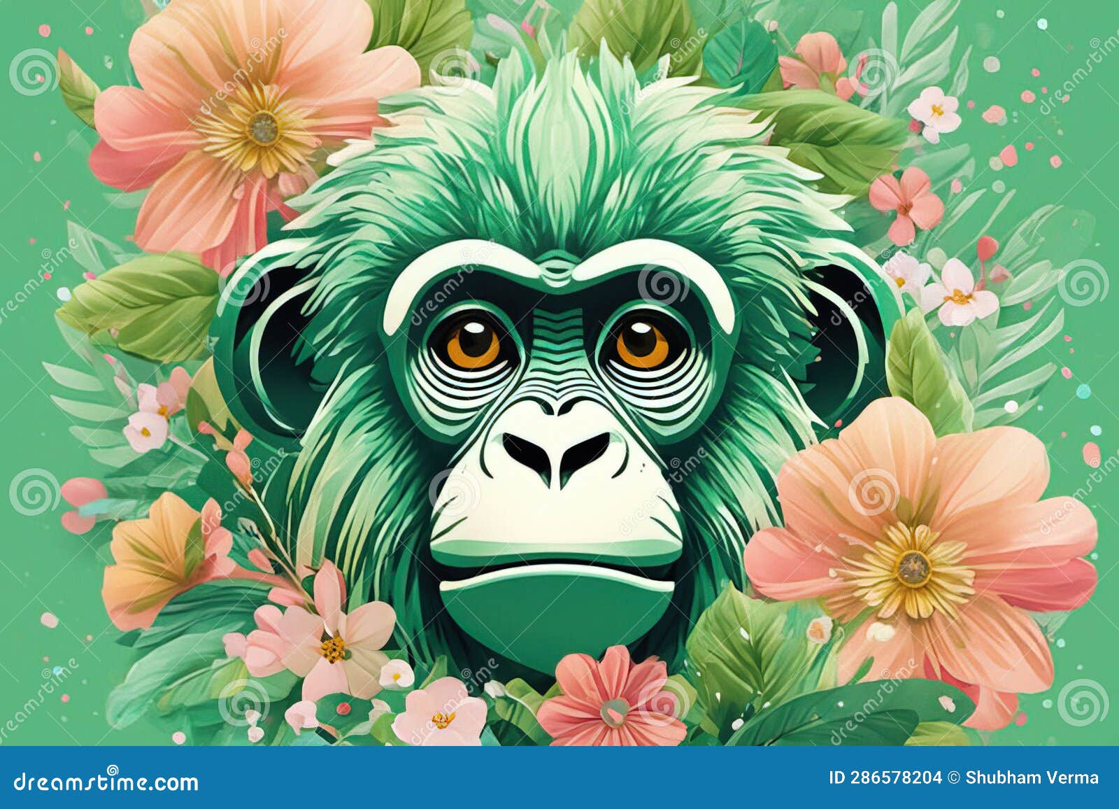Vector Illustration, Monkey, Flowers and Leaves Stock Photo - Image of ...