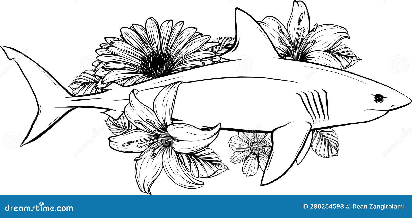 Vector Illustration of Monochrome Shark with Flower Stock Vector ...