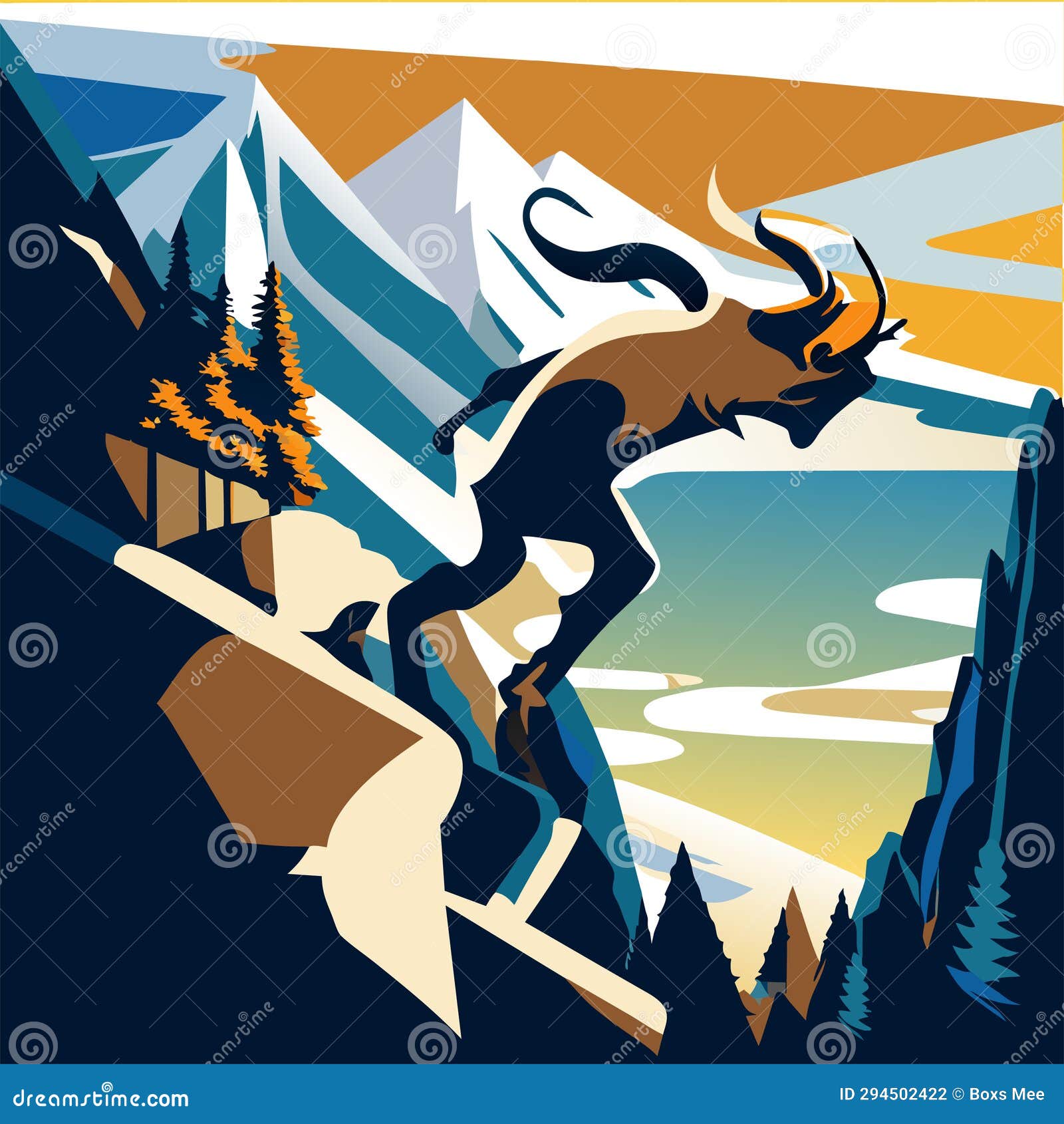 Vector Illustration of a Mountain Goat on the Background of the ...
