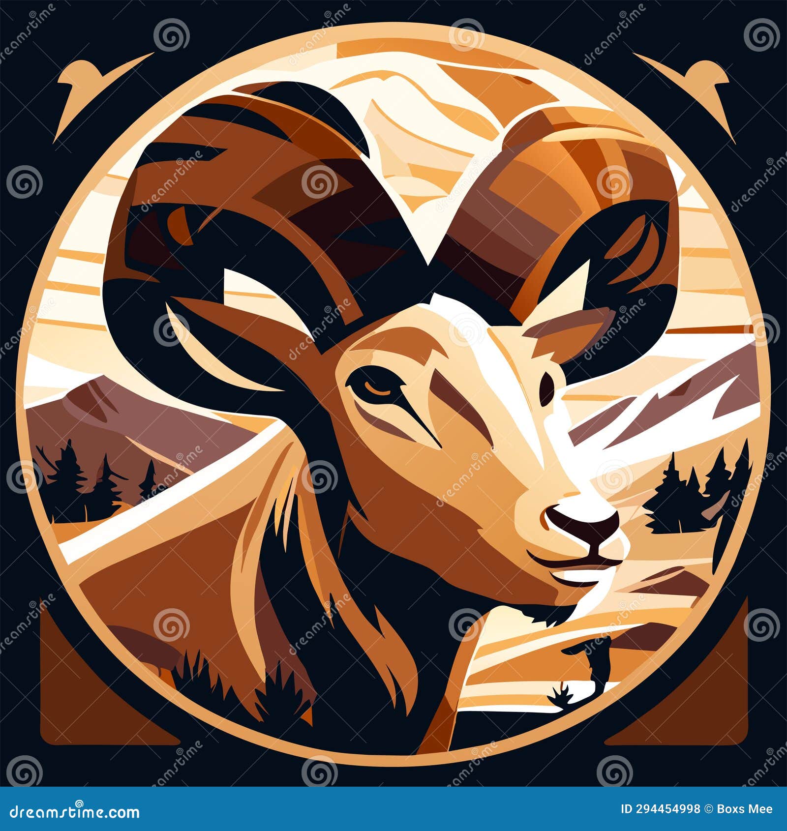Vector Illustration of a Mountain Goat Head on a Background of ...