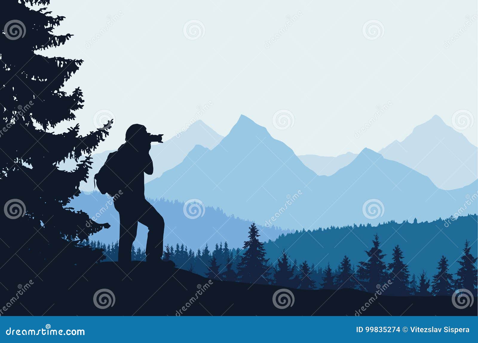 Vector Illustration of a Mountain Landscape with Trees and a Hum Stock ...