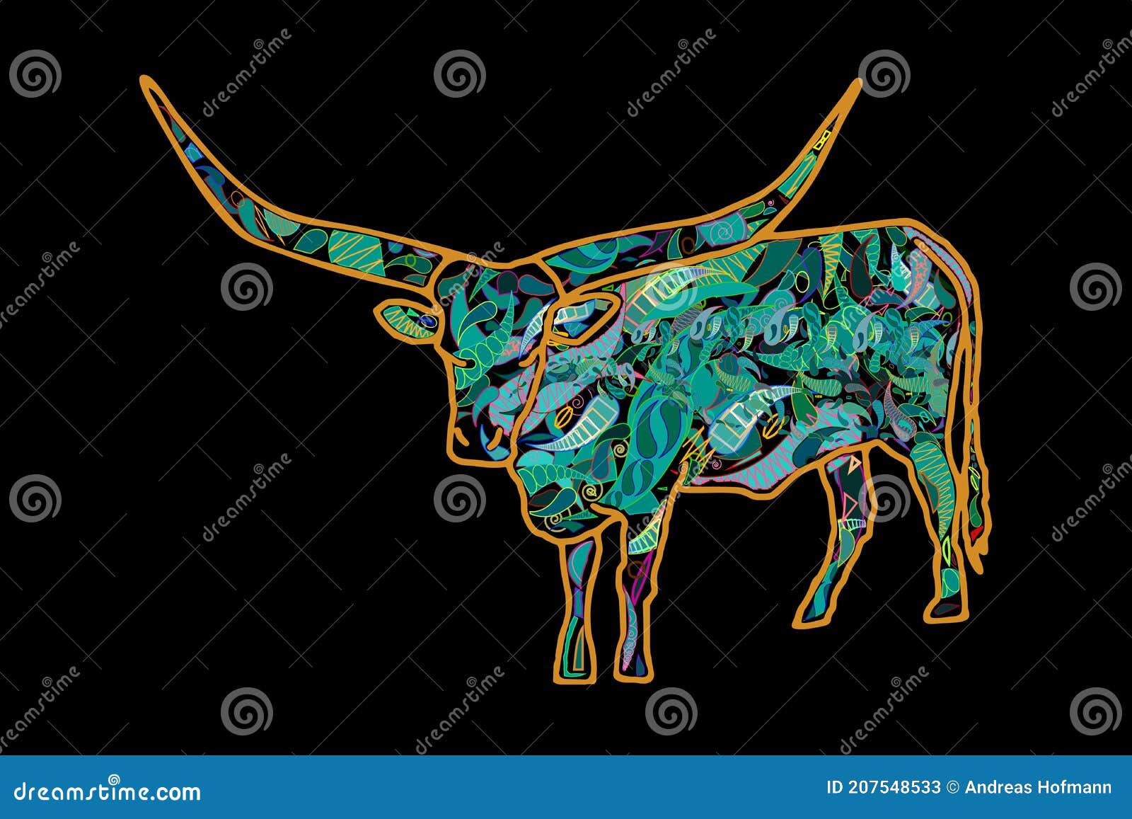 Vector Illustration of a Multi-colored Buffalo with Long Horns on a ...