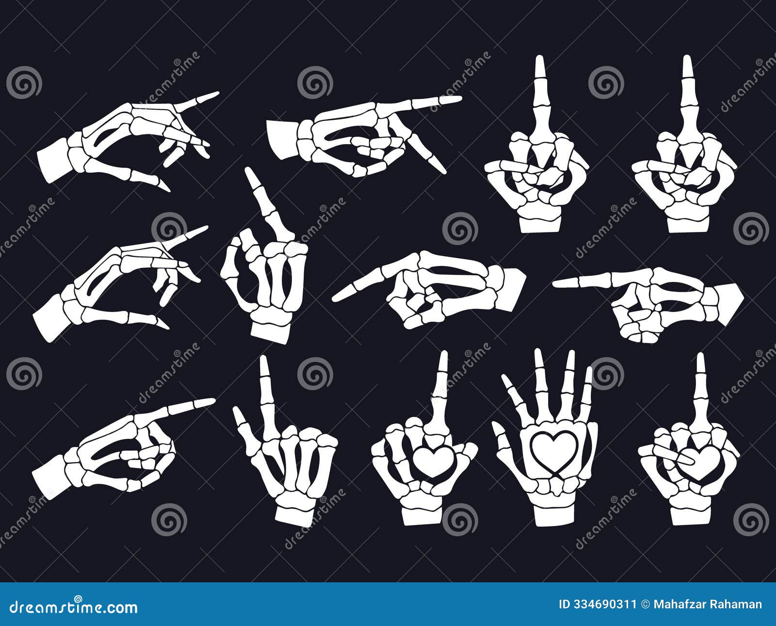 Vector Illustration of Skeleton Hand Gestures in Various Poses on a ...